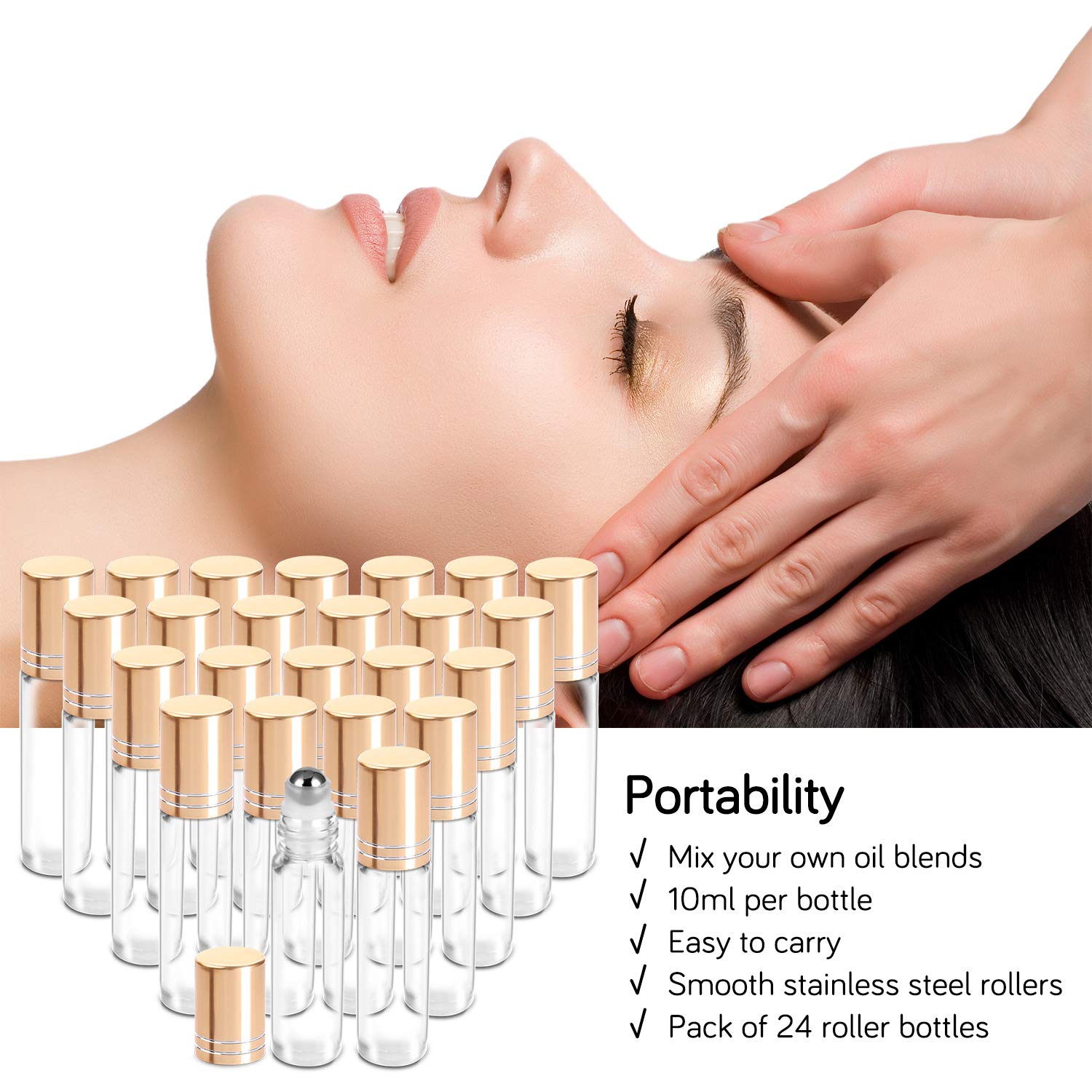 PrettyCare Essential Oil Roller Bottles 10ml (24 Pack Clear Glass Bottle with Gold Cap, 4 Extra Roller Balls,48 Labels, 2 Openers, 2 Funnels Roller Balls For Essential Oils, Roll on Bottles