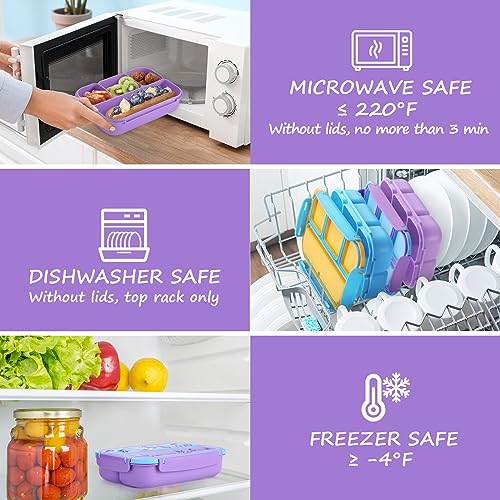 Sunhanny Bento Lunch Box for Kids - 4 Compartments, Sauce Container, Utensils, Food Picks and Muffin Cups, Purple Unicorn