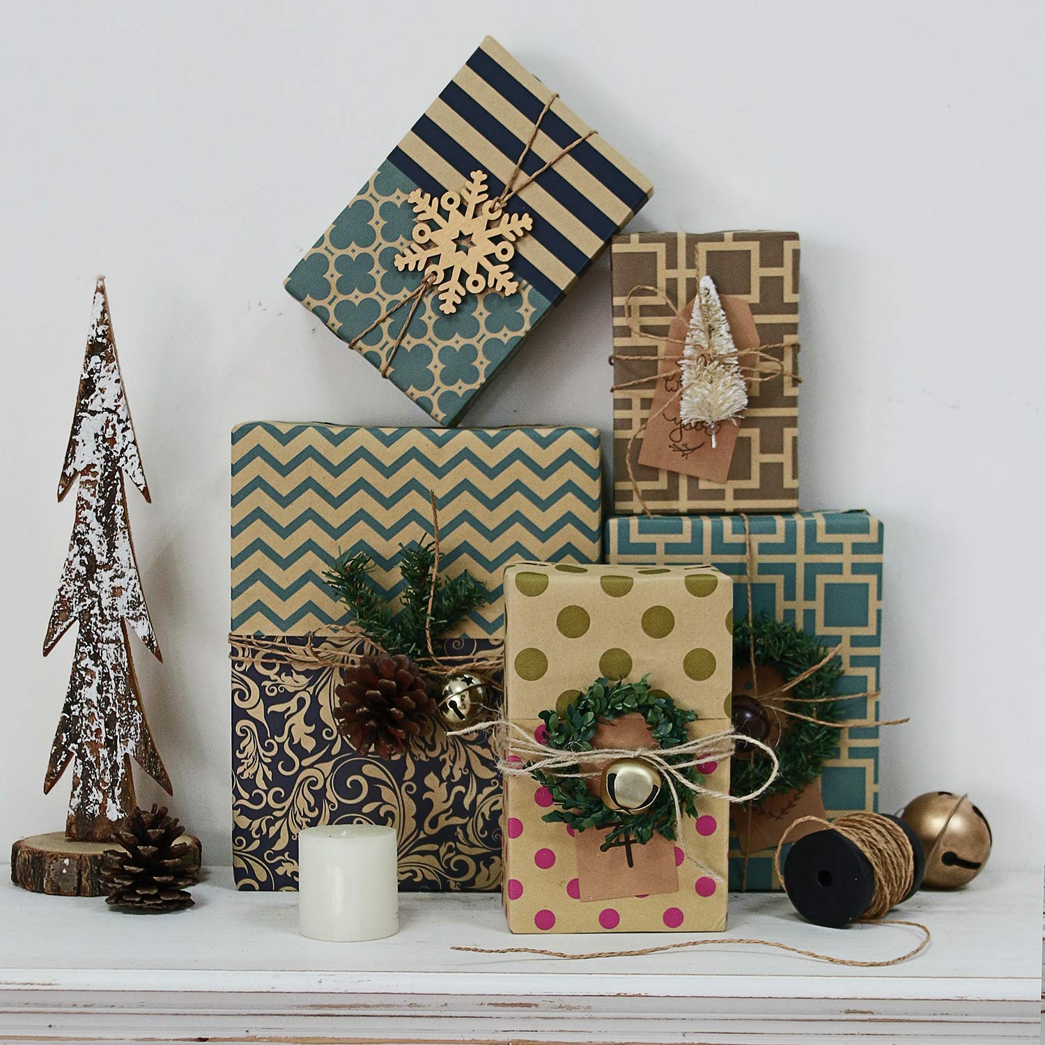 RUSPEPA Reversible Kraft Wrapping Paper Sheet - Navy Geometric Design Kraft Paper - 6 Sheets Packed as 1 roll - 17.5 x 30 inches per Sheet