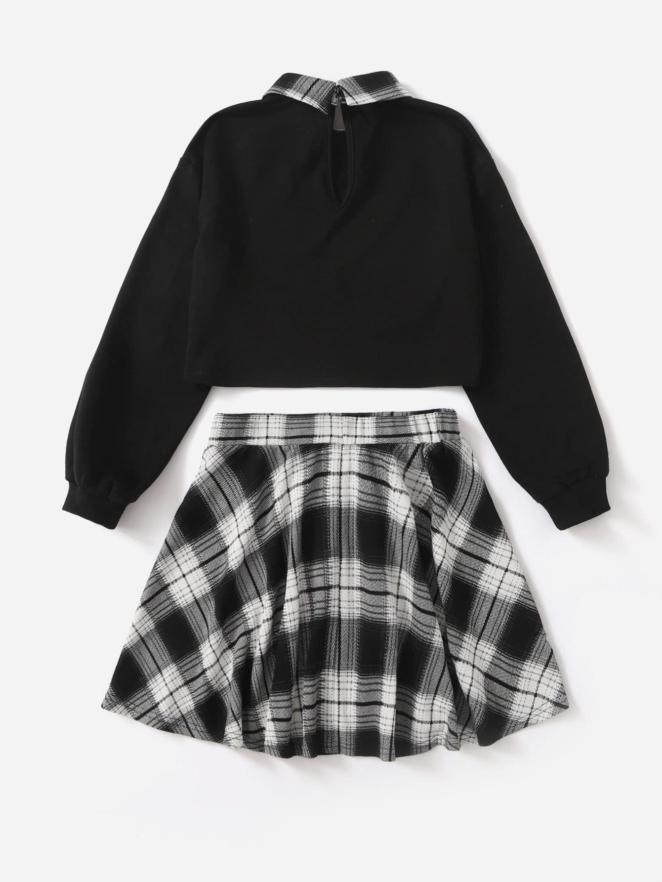SOLY HUX Girl's Letter Print Sweatshirt Top and Plaid Skirt Set 2 Piece Outfits Black White 11-12Y