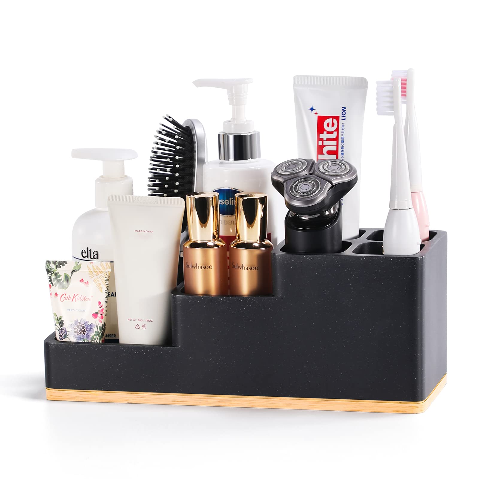 Toothbrush Holder for Bathroom, Aimou Bathroom Organizer Countertop Bathroom Accessories with 5 Compartment Storage for Bathroom/Vanity, Cotton Ball, Cotton Swab, Floss, Black