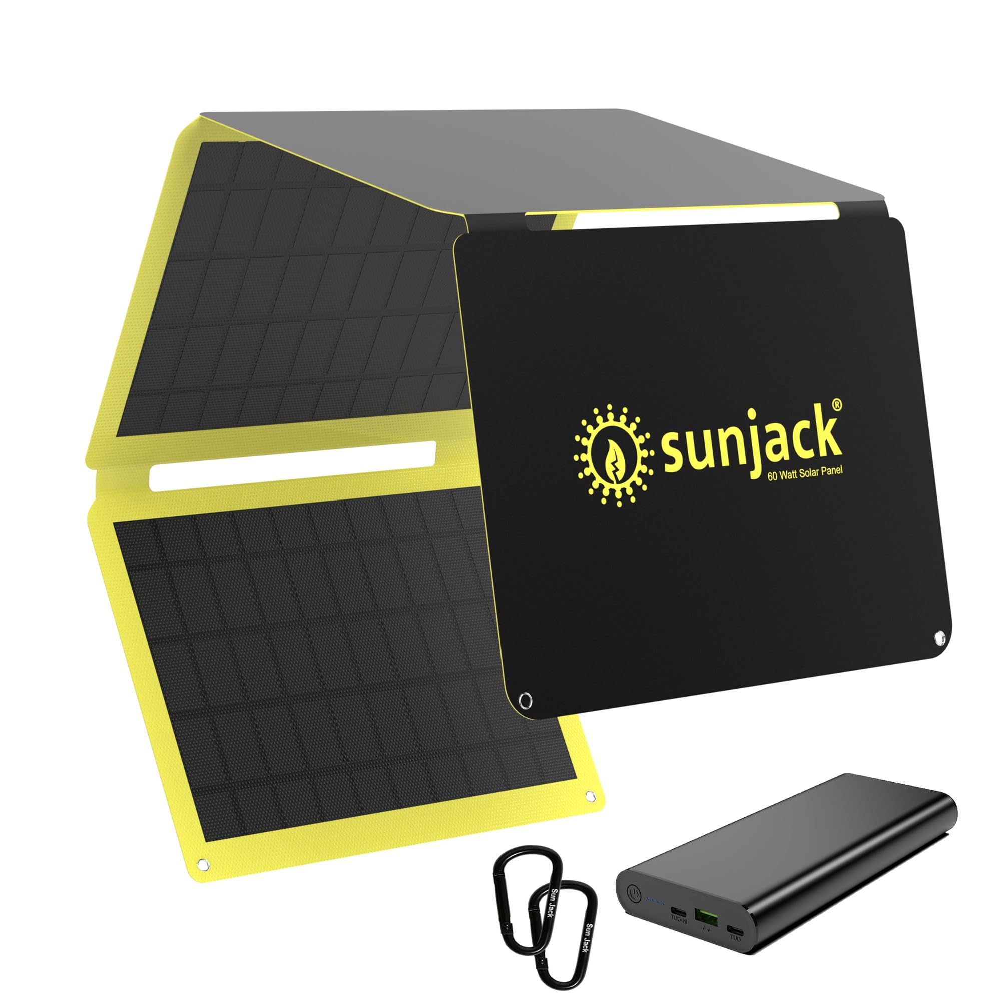 SunJack 60 Watt Foldable IP67 Waterproof ETFE Monocrystalline Solar Panel Charger with DC/USB QC3.0/ Type-C + 100W 25600mAh Power Bank for Cell Phones, Laptops, Power Stations and More