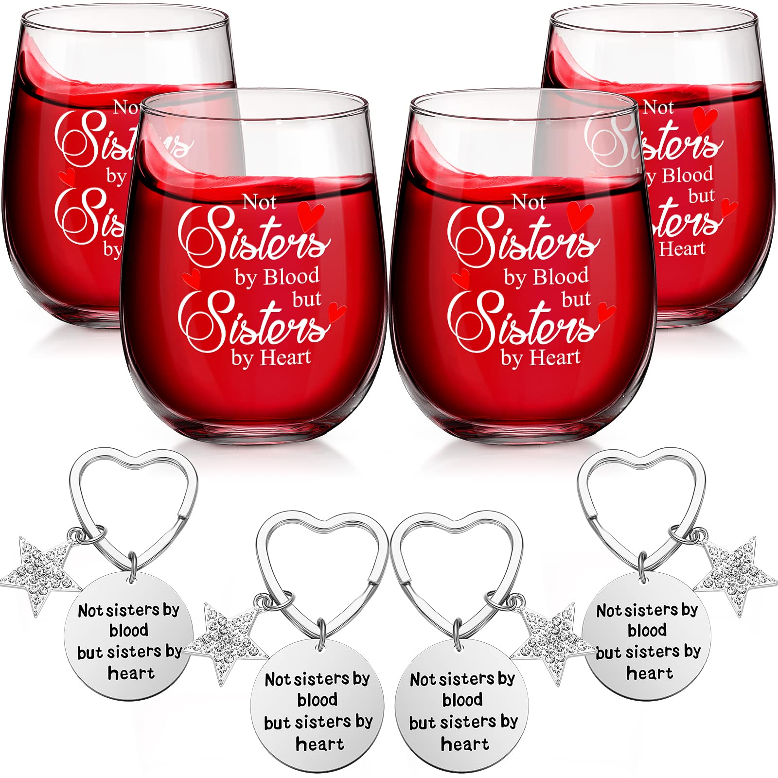 Set of 8 Sister Friends Gifts Not Sisters by Blood But Sisters by Heart 15 oz Funny Stemless Wine Glasses Friendship Keychain Birthday Christmas Gift for Sisters in Law Friends Women Girls Female