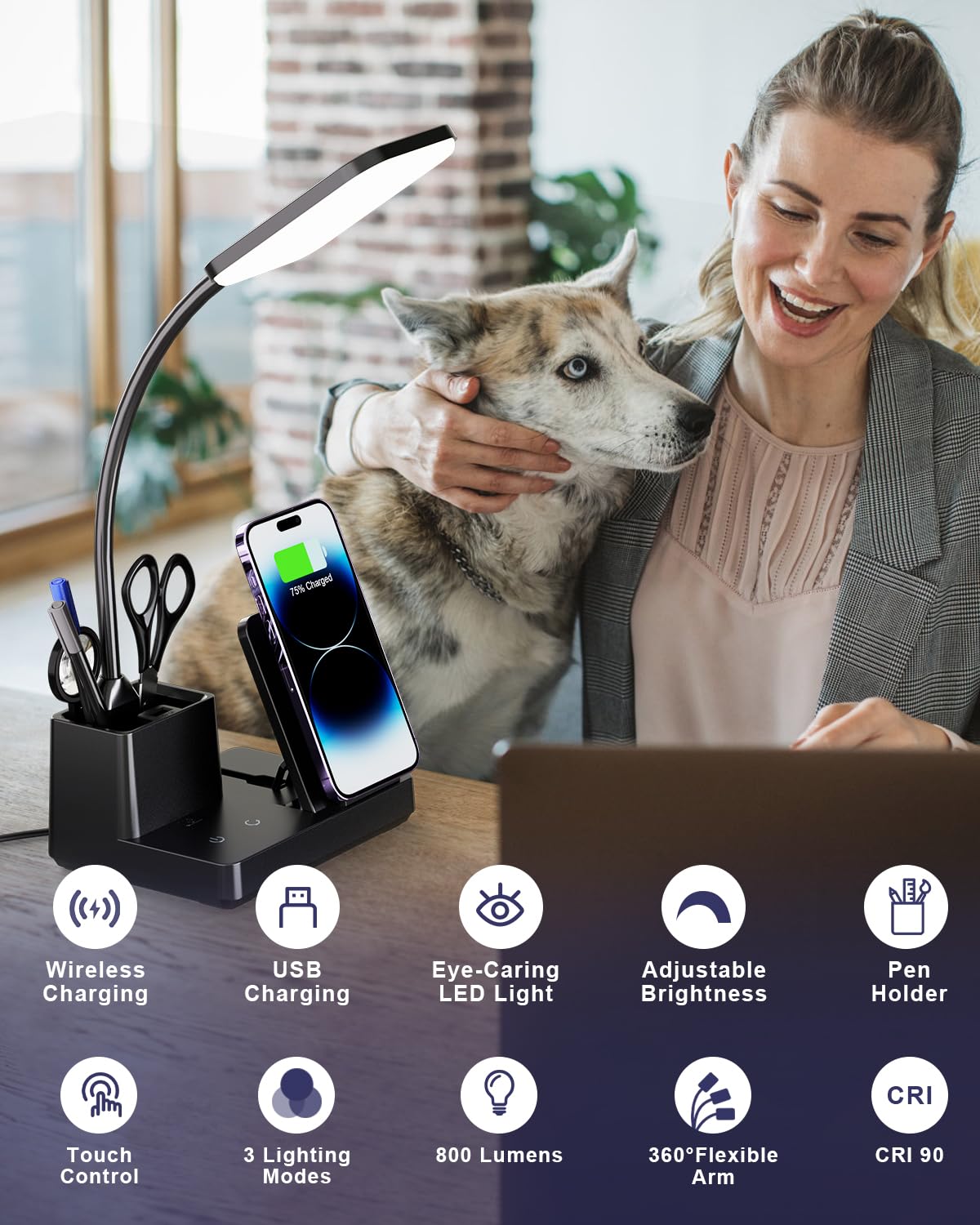 Sailstar Desk Lamp with Wireless Charger USB Charging Port, LED Desk Lamps for Home Office, 800LM 3 Lighting Modes Dimmable Pen Holder 360°Gooseneck, Eye-Caring Desk Light for College Dorm Room, Black