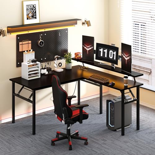 sogesfurniture 55 x 55 inches L-Shaped Folding Computer Desk, Left & Right Adjustable Half-Installed - Large L Desk Home Office Desk Workstation Desk, Black