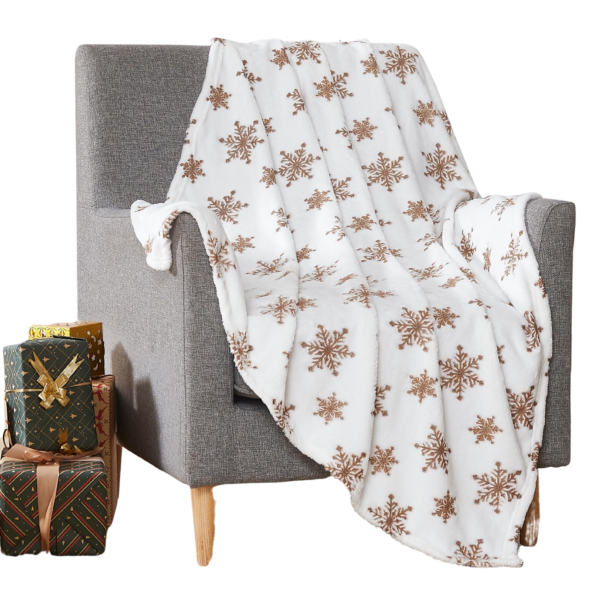 Serafina Home Christmas Holiday Throw Blanket: Velvelty Soft, Durable Fleece Accent for Bed or Couch (Golden Snowflakes, 50 x 60 inches)