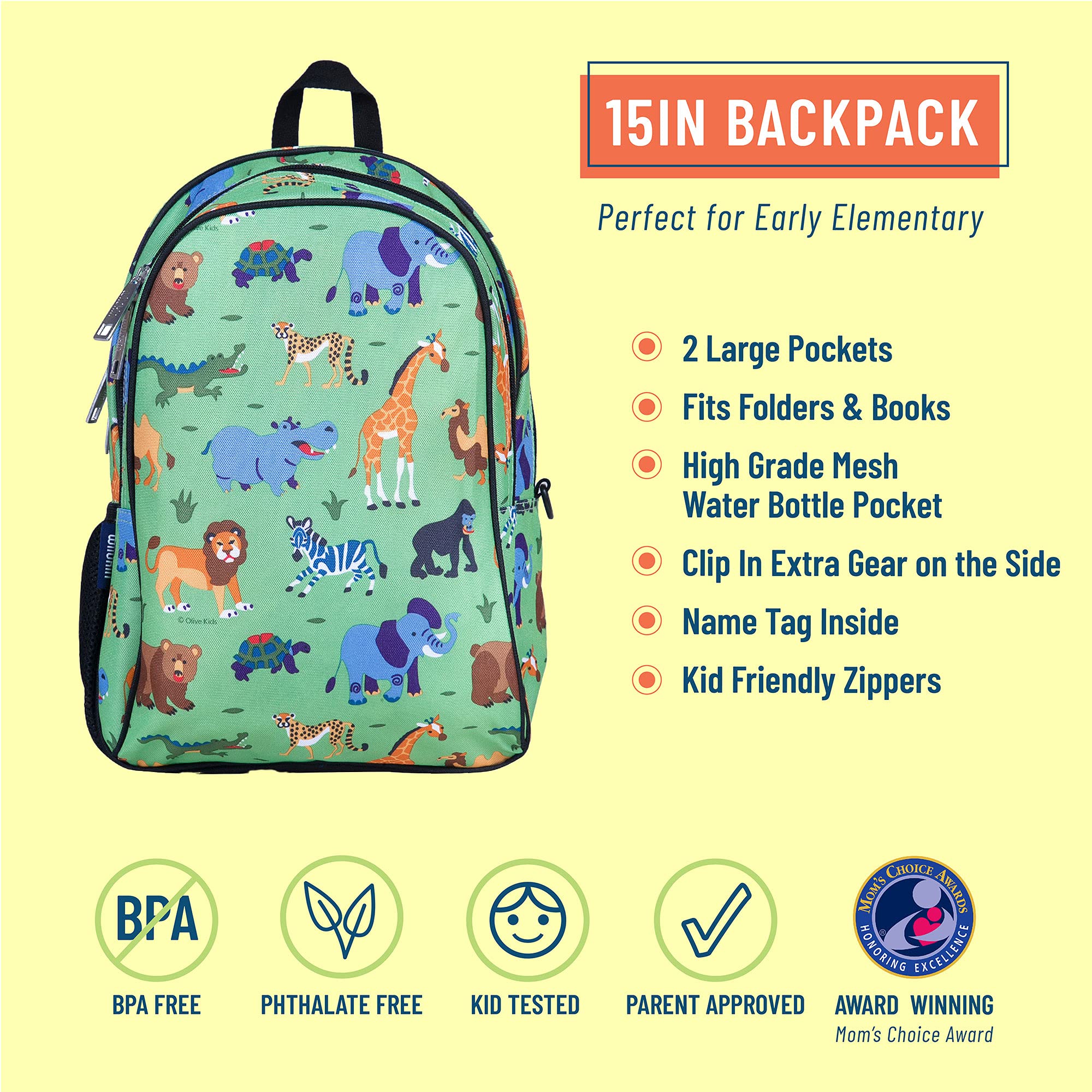 Wildkin Lunch Box Bag and 15 Inch Backpack Bundle with 16 Ounce Reusable Water Bottle (Wild Animals)