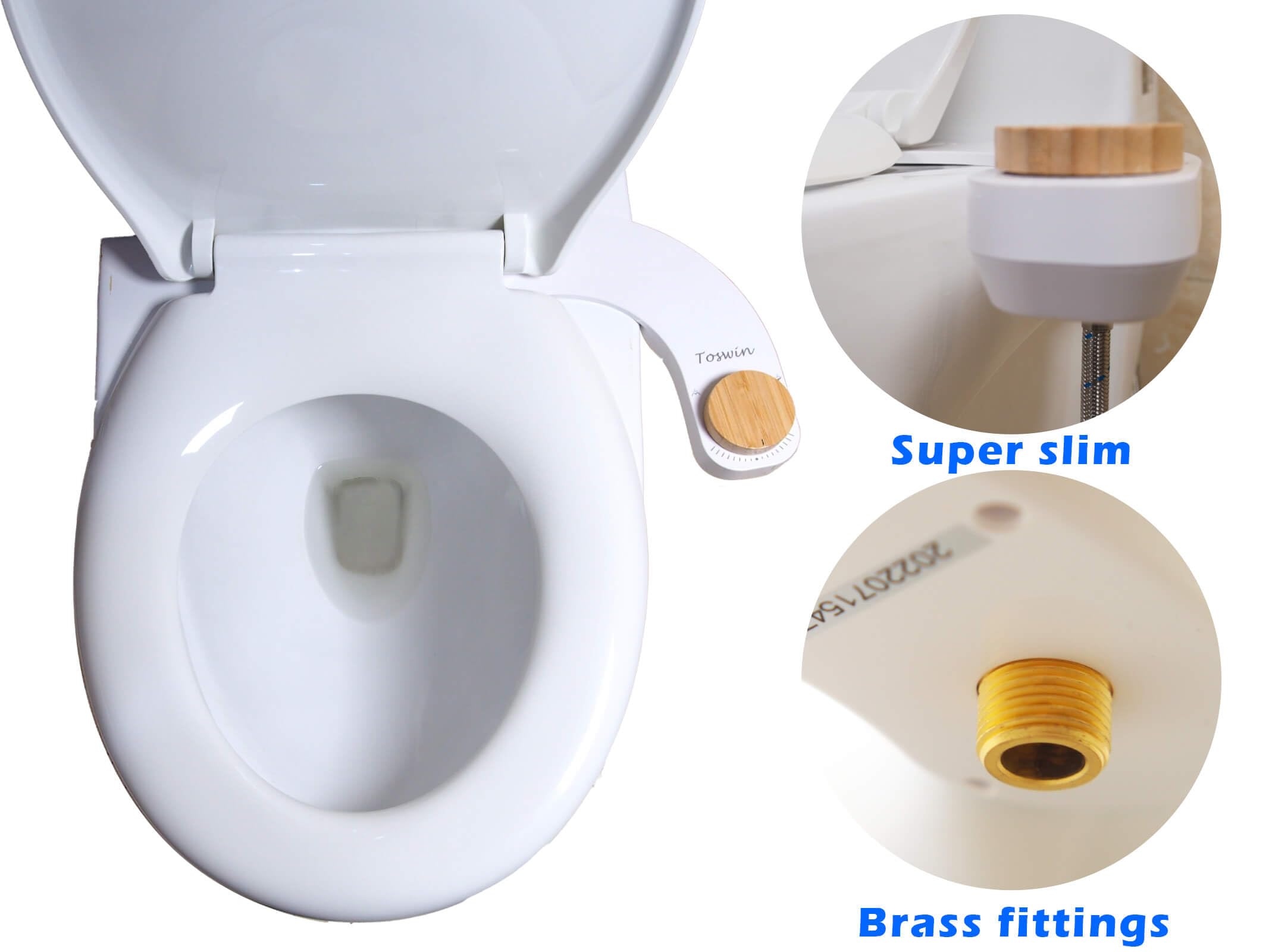 Toswin Left Hand Bidet Left Handed Bidet Ultra Slim Bidet Left Side Control Clear Rear Bidet Attachment for Toilet with Dual Front & Rear Nozzles and Adjustable Water Pressure -Bamboo Knob
