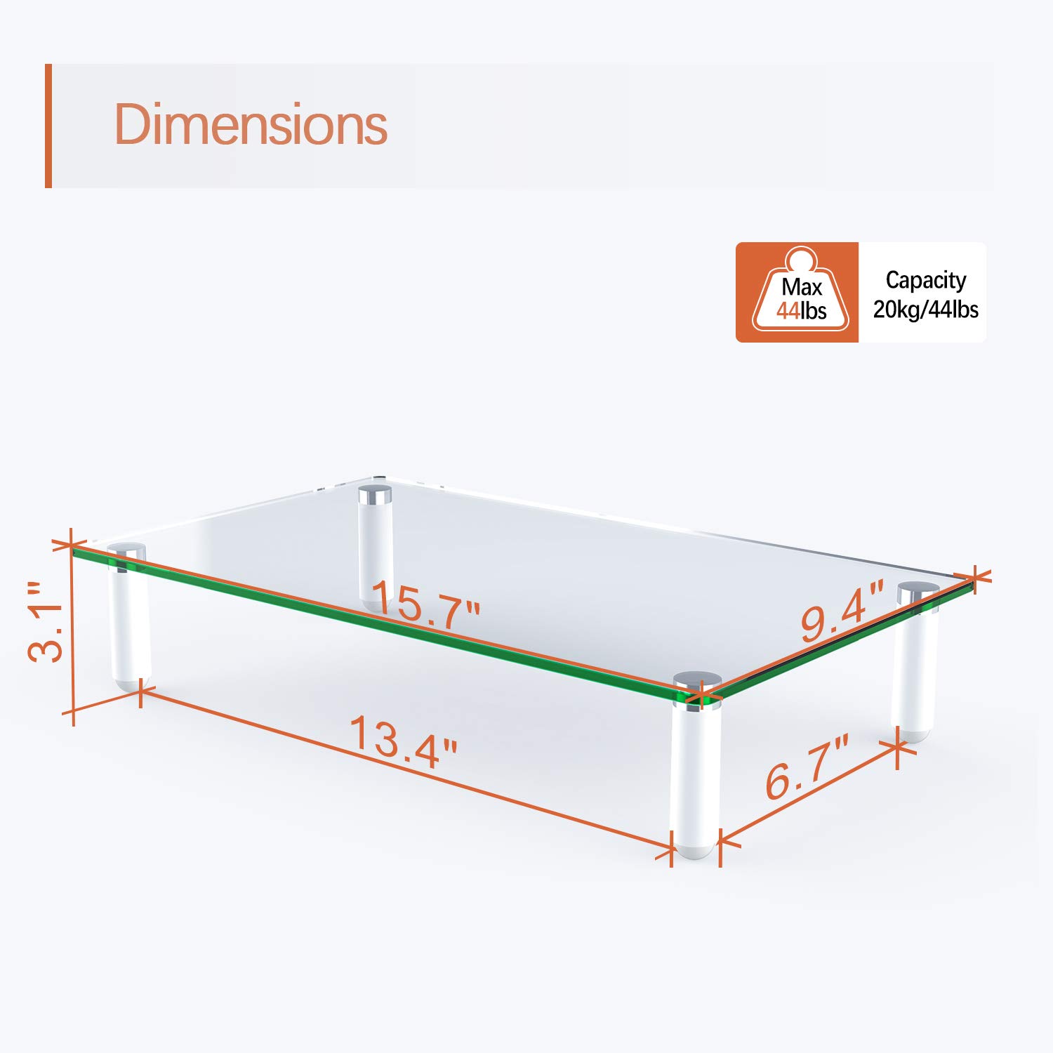 PUTORSEN Clear Tempered Glass Computer Monitor Stand Riser for Laptop, Computer, iMac, and All Flat Screen Display, Desktop Stand with Anti-Slip Pads Holds 44lbs, Storage Shelf & Screen Holder