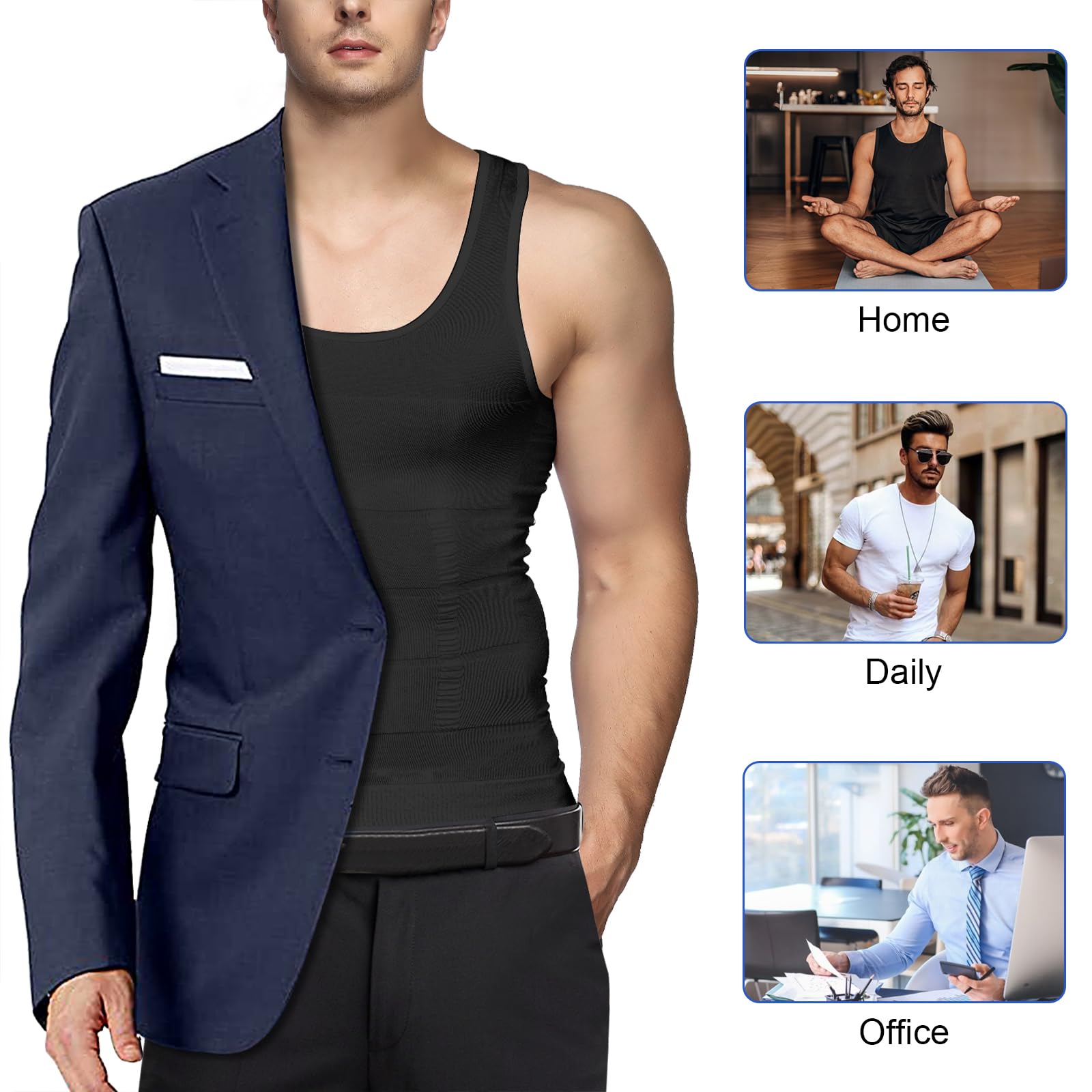 Odoland Men's Body Shaper Slimming Shirt Tummy Vest Thermal Compression Base Layer Slim Muscle Tank Top Shapewear, Black, M