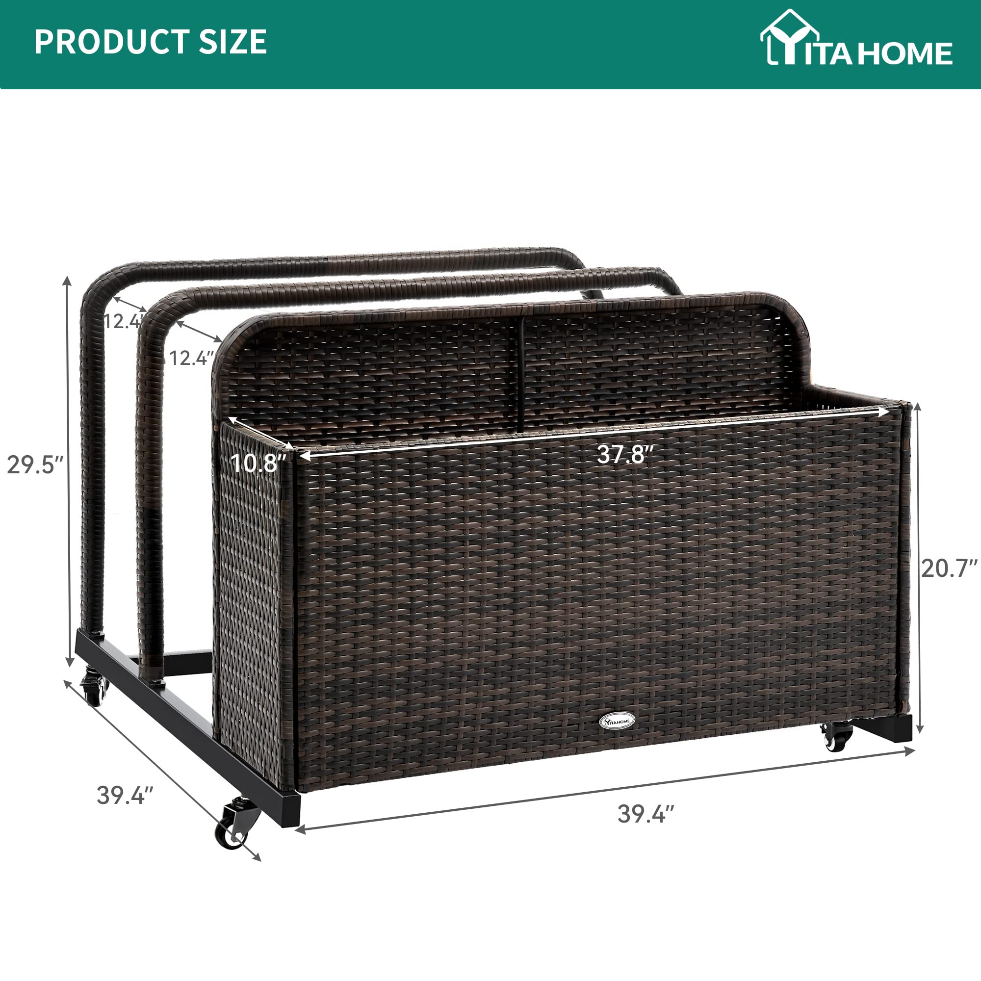 YITAHOME Outdoor Wicker Patio Poolside Float Storage, PE Rattan Rolling Pool Float Caddy for cushions, Floaties, Noodles, Life Vests, Beach Balls, Toys, Patio Furniture (Brown)