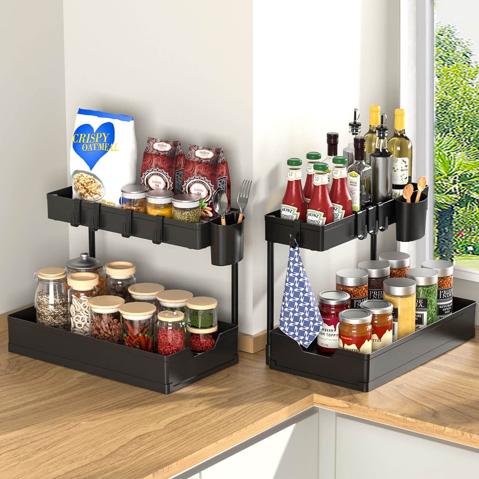 Under Sink Organizers and Storage, LEITAO 2 Tier Under Sliding Cabinet Bathroom Organizer w Hooks, Hanging Cup, Multi-use Pull Out Narrow Space Pull Out Organizer for Home Kitchen Bath Office(2 Pack)