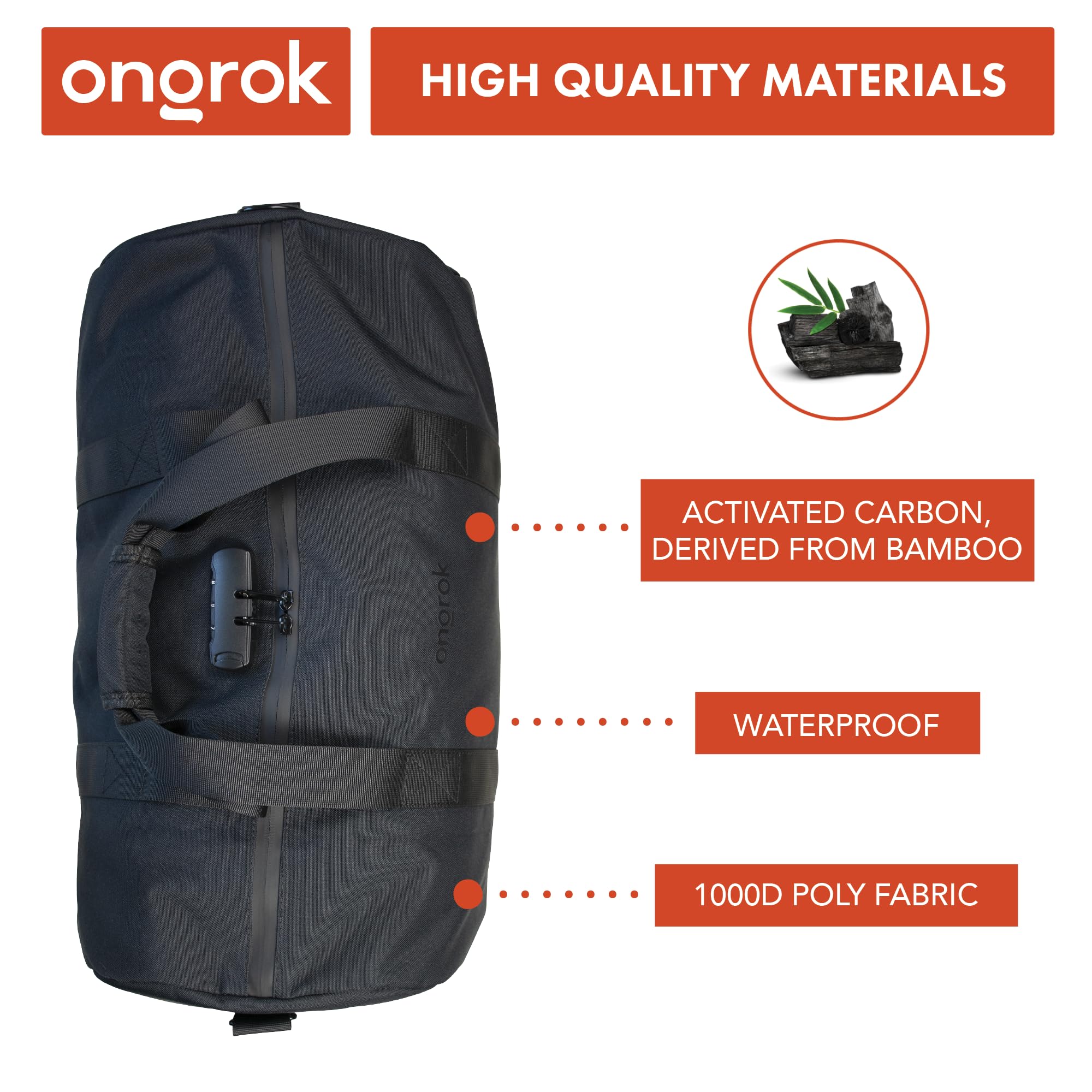 ONGROK Duffle Bag with Combo Lock, Integrated Carbon Filtration (Black)