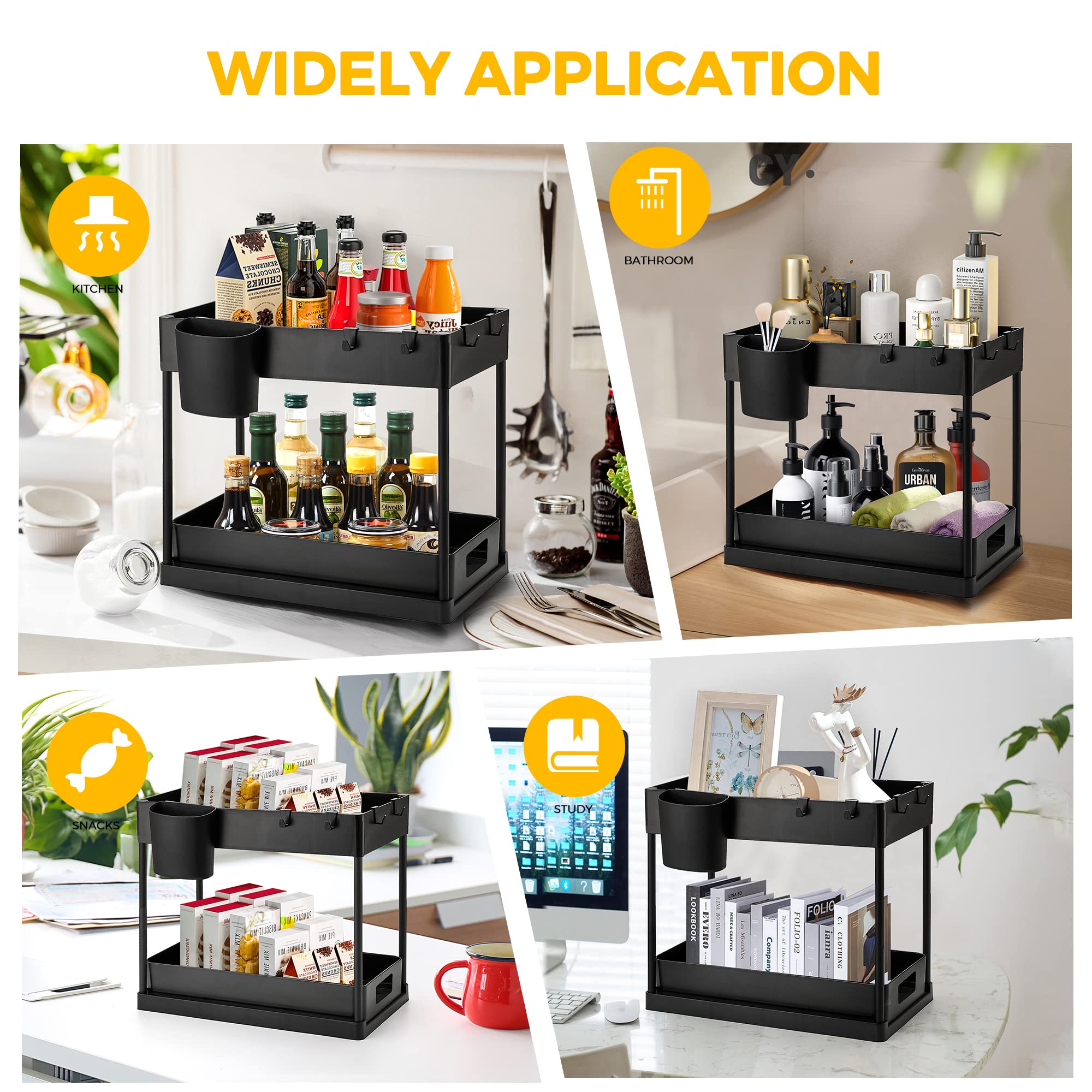 Under Sink Organizers and Storage, 2 Tier Pull Out Cabinet Organizer, Kitchen Cabinet Organizer Bathroom Sink Organizer with Hooks, Cabinet Organizers and Storage for Bathroom, White & Black, 2 Pack
