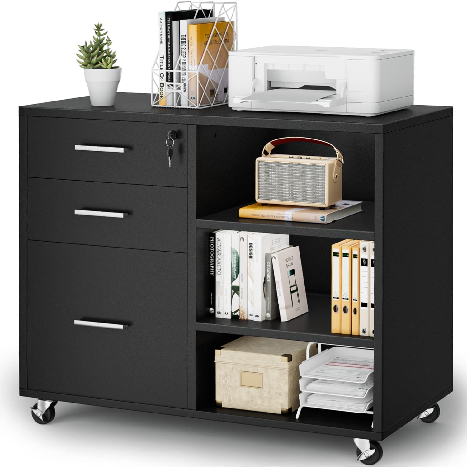 Shahoo 3 Drawer Wood Filing Cabinet, Mobile Lateral Printer Adjustable Open Storage Shelf, Lockable Wheels for Home Office, 15.7"D x 31.8"W x 26.3"H, Dark Black