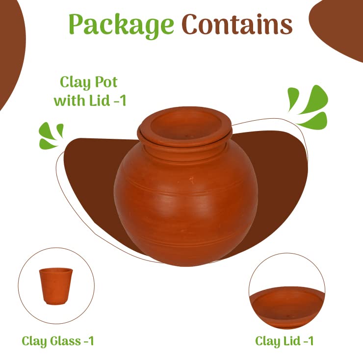 Village Decor Handmade Earthen Clay Water Pot with Lid and Glass (Capacity 6000 ml / 202 oz)