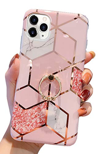 Qokey iPhone 11 Pro Case,Marble Case Cute Fashion for Women Girls Men with 360 Degree Rotating Ring Stand Kickstand Soft TPU Shockproof Cover Designed for iPhone 11 Pro 5.8 Inch Grid Bling