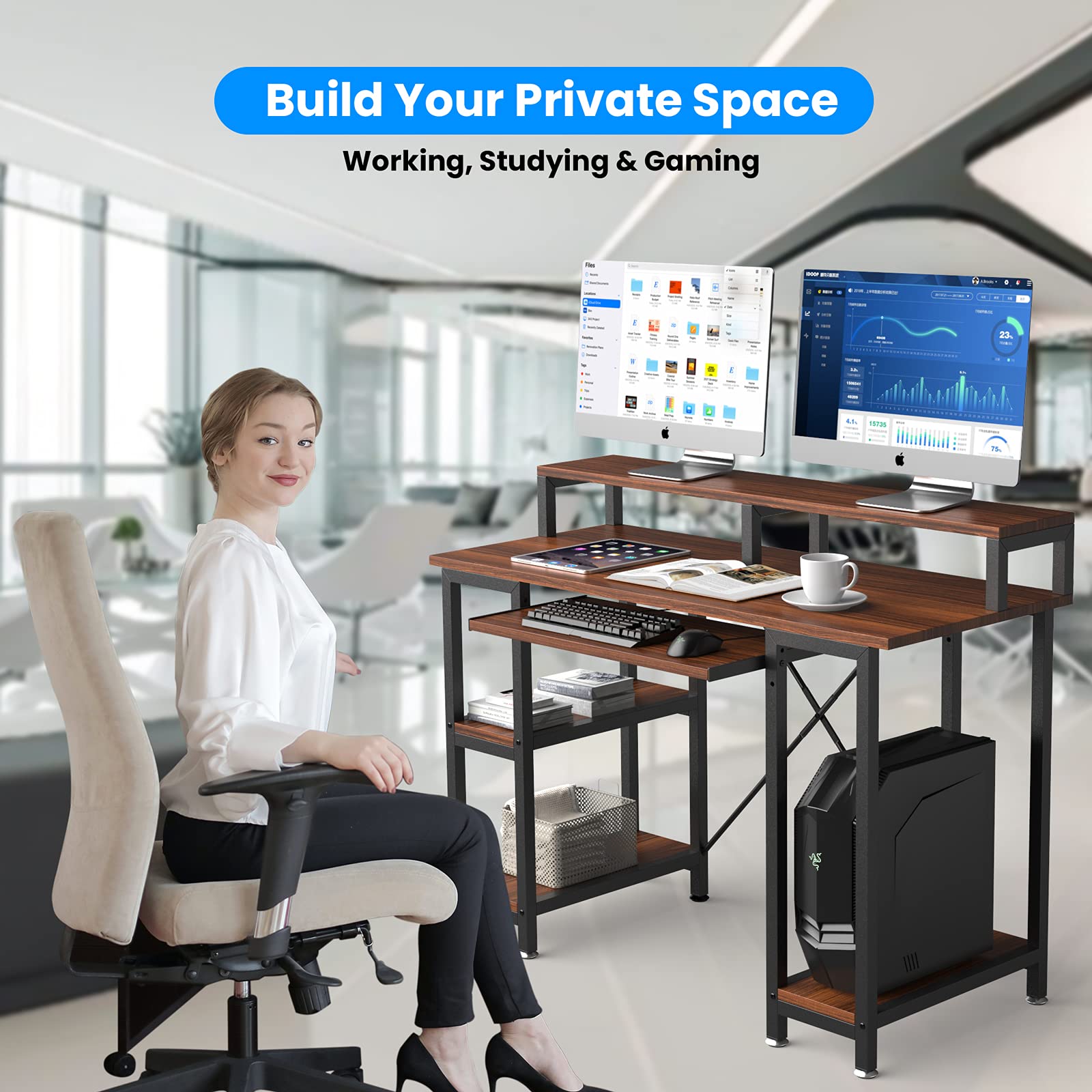 QooWare Computer Desk with Shelves, 47" Writing Desk w/Keyboard Tray & Monitor Stand Riser - Achieve More, Strain Less - Large Desk Space Wooden Study Table for Home Office