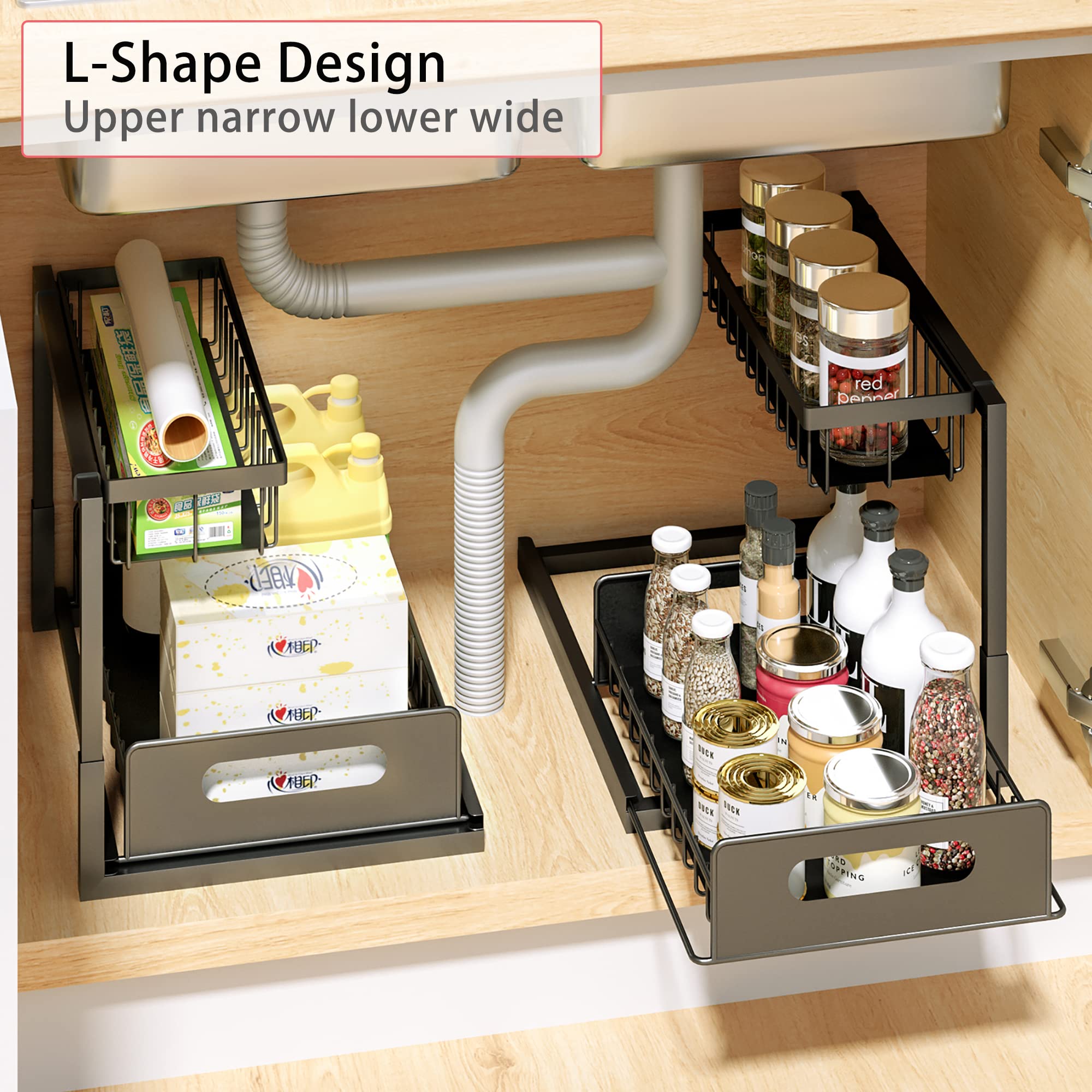 Under Sink Organizers and Storage, Multi-purpose 2-Tier Sliding Cabinet Basket Organizer Drawers, Kitchen Under Bathroom Storage Rack