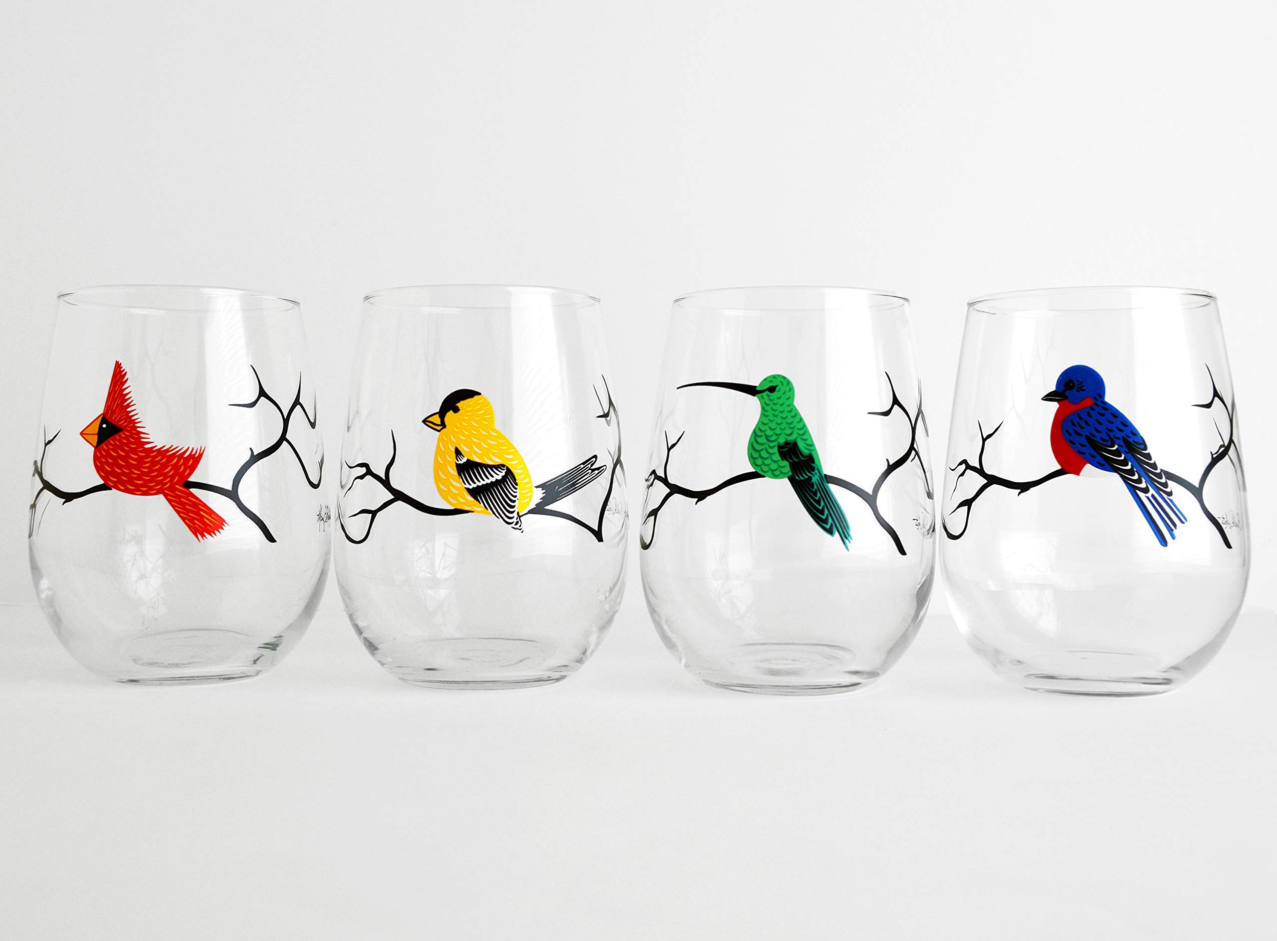 Stemless Wine Glass Set of 4 Birds - Silkscreened Glassware Collection - Bird Watching Gifts