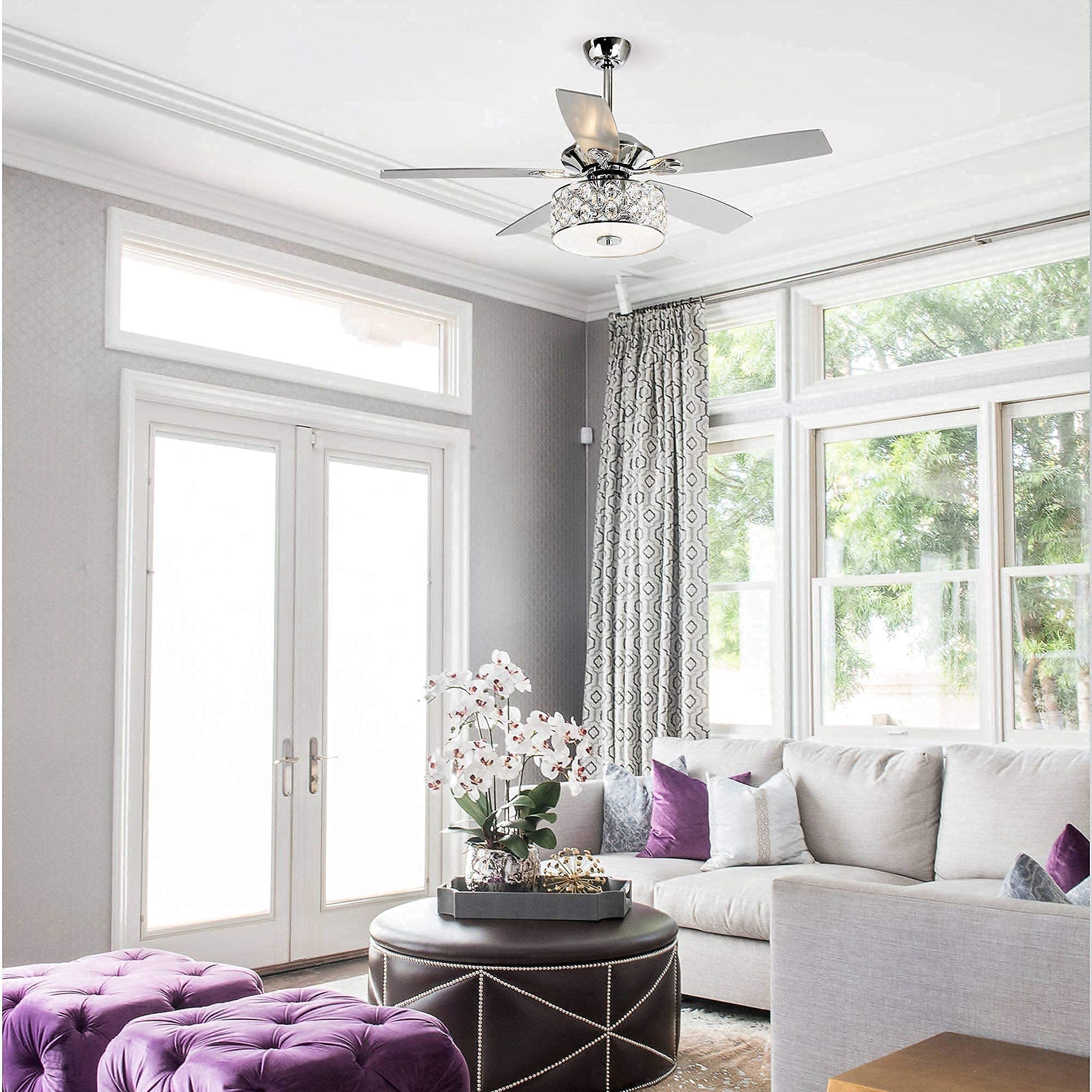 Parrot Uncle Ceiling Fans with Lights and Remote 52 Inch Chandelier Ceiling Fan with Light for Bedroom, Reversible Motor, 3 Speeds, Timer, Silver