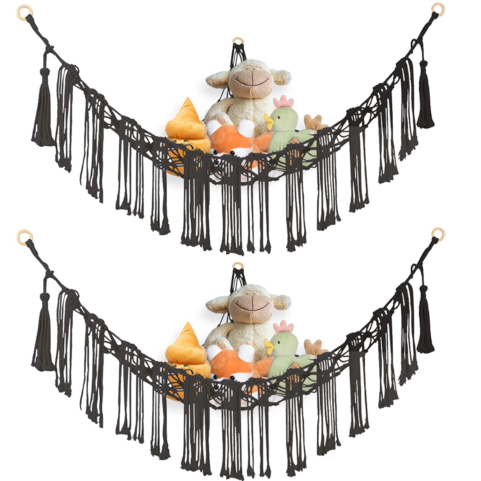 Triangle Stuffed Animal Hammock, 2 Sets Hammock for Stuffed Animals with Macrame Tassels, 59"x 40"x40" Net for Stuffed Animals Corner, Stuffed Animal Net or Hammock for Bedroom (Black)