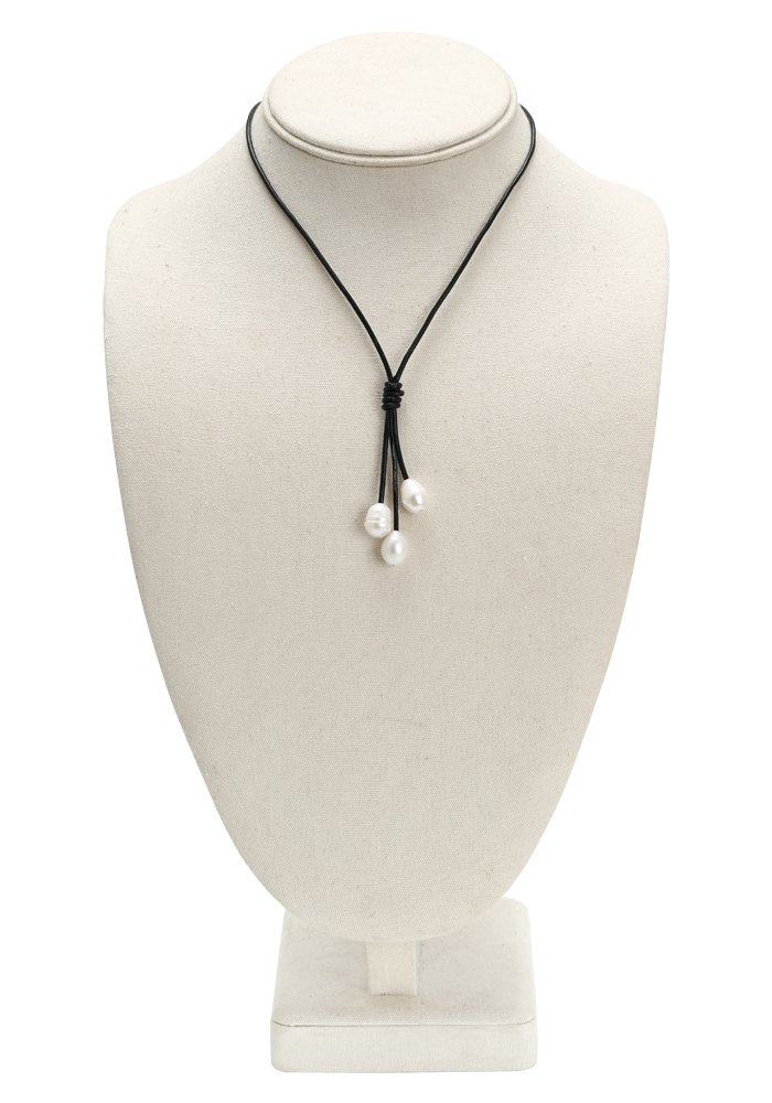 Pearlypearls 3 Freshwater Pearl Pendant Necklace on Black Leather Cord Jewelry for Women 18''