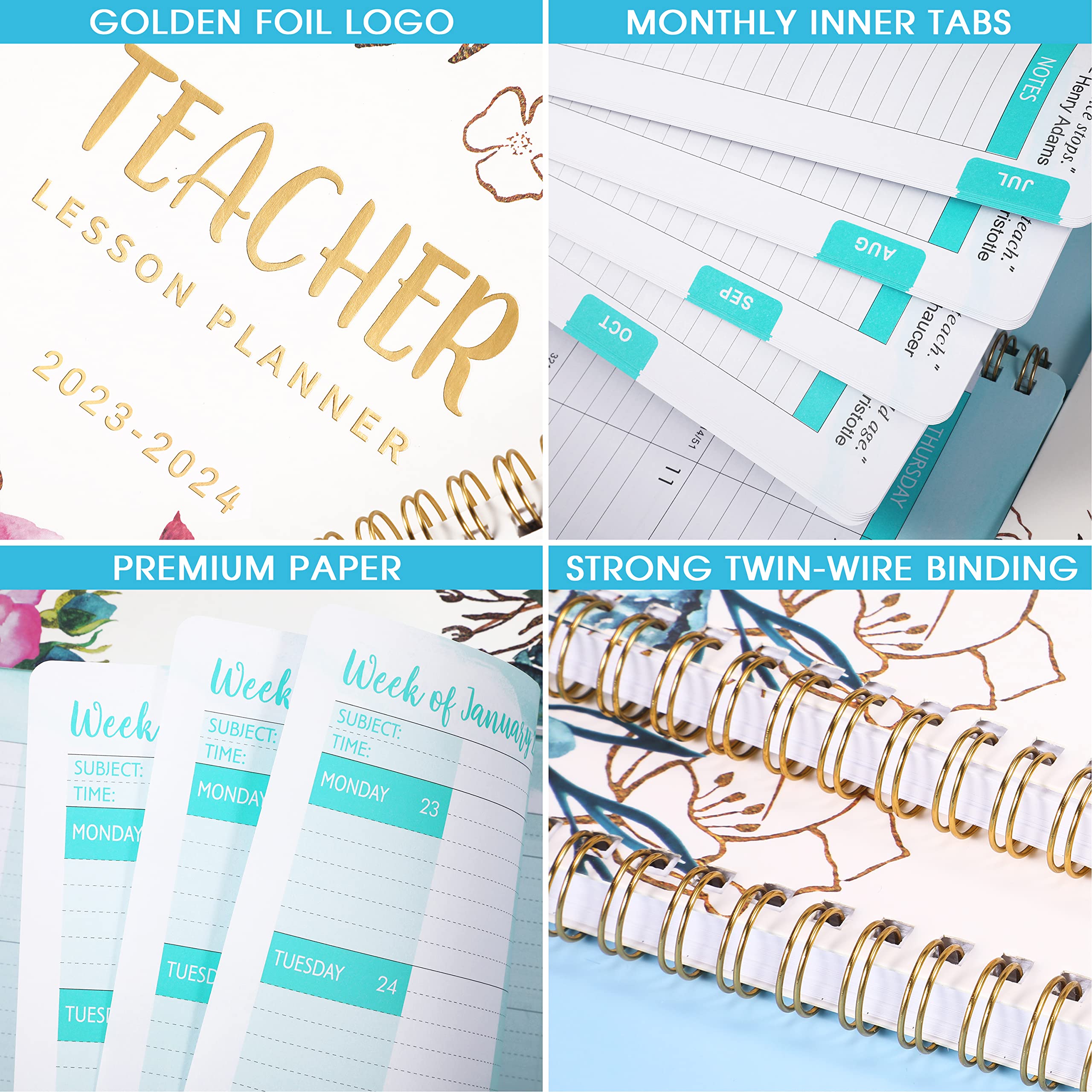 Teacher Planner 2023-2024 - 2023-2024 Weekly & Monthly Lesson Plan Book, July 2023 - June 2024, 8" x 10", Academic Planner 2023-2024 with Twin-Wire Binding for Teachers - Ink-painting Roses