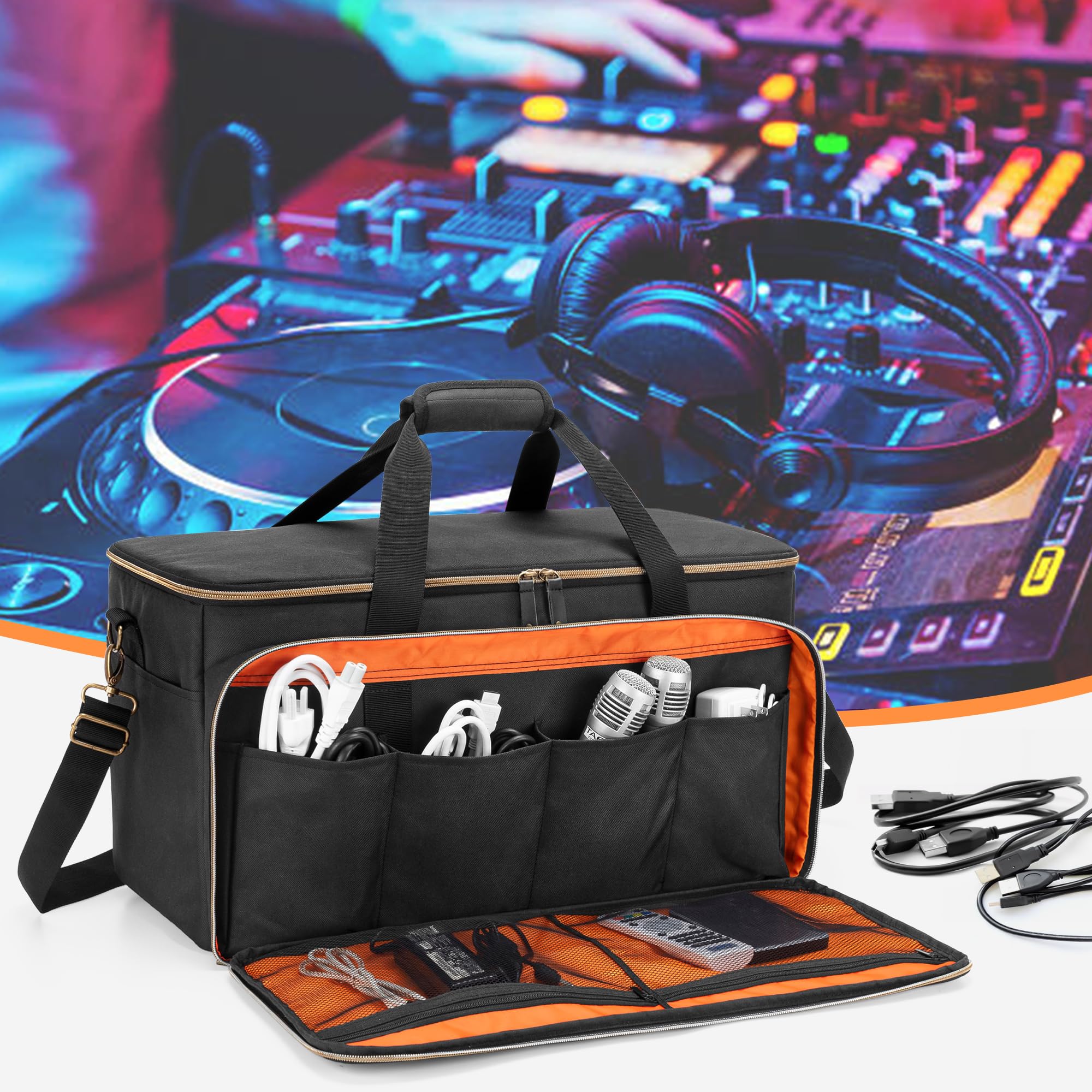 Trunab Large Travel DJ Cable File Bag with Inner Detachable Divider and Padded Compartment for 15.6” Laptop, Cable Organizer Bag for Cords, Sound Equipment, DJ Gear, Musician Accessories