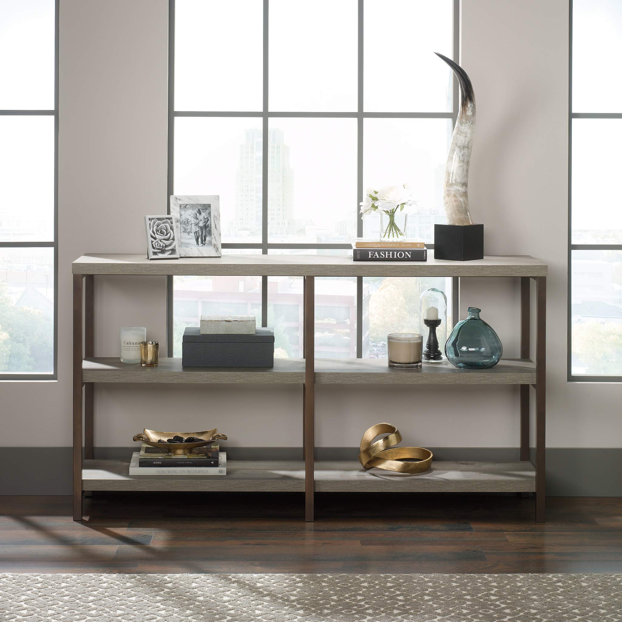Sauder Manhattan Gate Console Table/Book Shelf, L: 66.02" x W: 15.59" x H: 35.83", Mystic Oak Finish