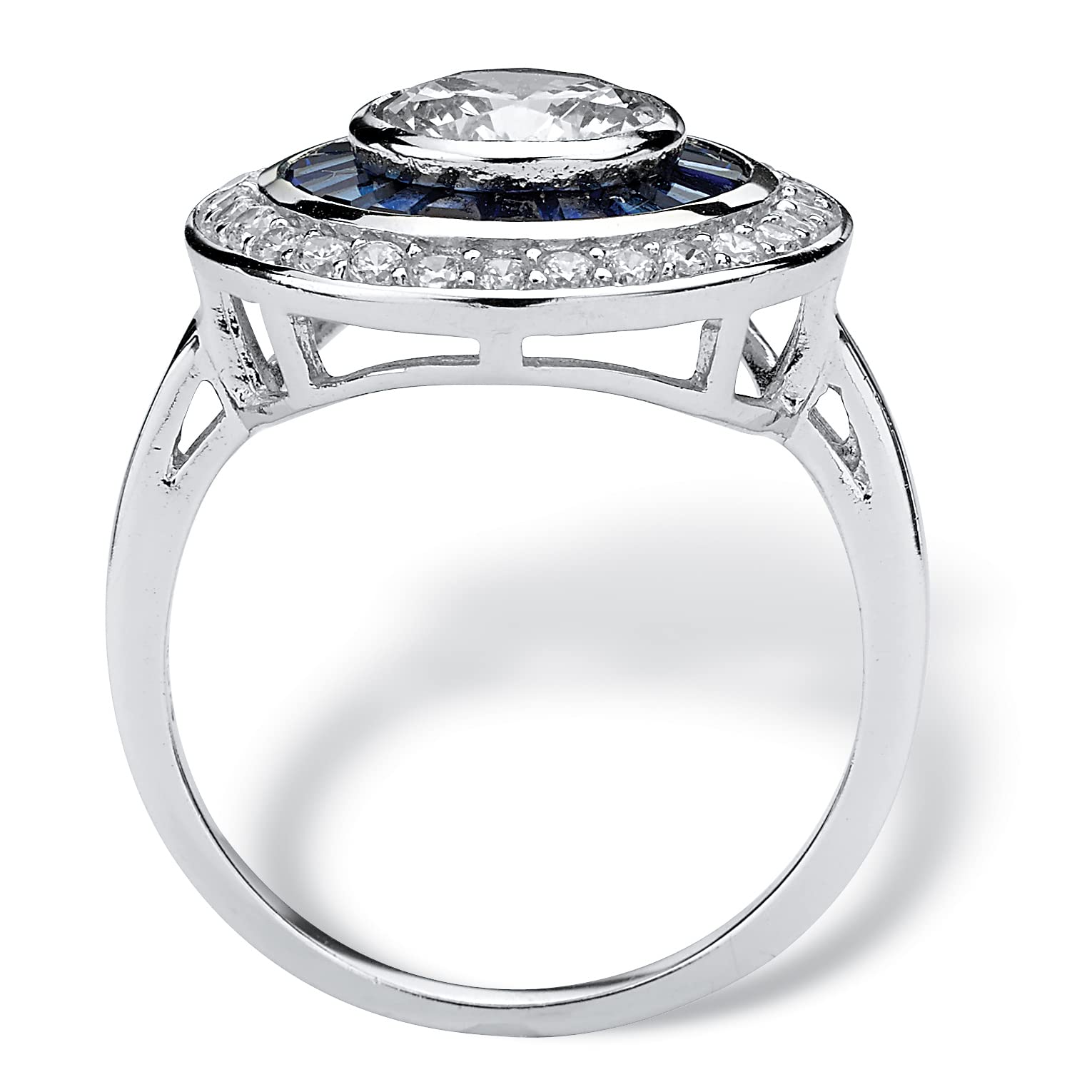 PalmBeach Platinum-Plated Sterling Silver Round Cubic Zirconia and Baguette Blue Sapphire or Green Emerald Art Deco Circle Ring Size 8