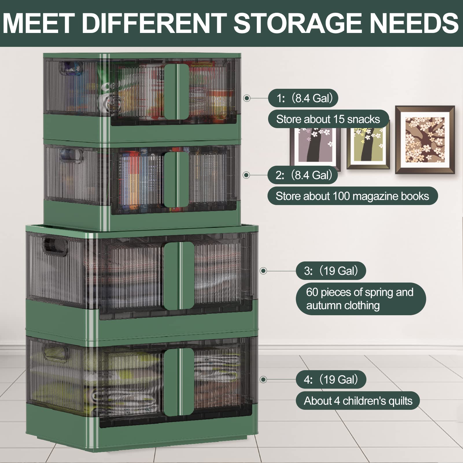 Sineda Storage Bins with Lids - 8.4 Gallon Collapsible Storage Bins with Wheels and Door, Stackable Storage Bins for Clothing, Blankets, Books, Bedding and Toys.(8.4Gal - 2Pack, Green)