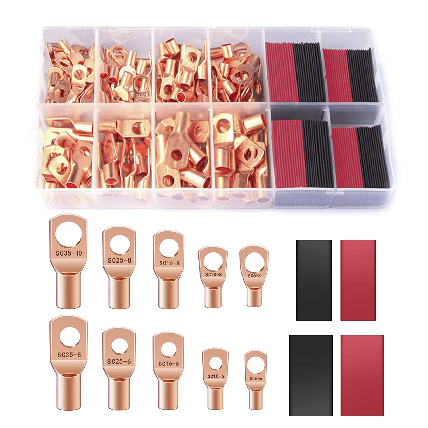 Tsinglax 200Pcs Copper Wire Lugs [AWG2 4 6 8 10 12] with Heat Shrink Set, 100Pcs Battery Cable Lugs Battery Cable Ends Ring Terminals Connectors with 100Pcs Heat Shrink Tubing Assortment Kit