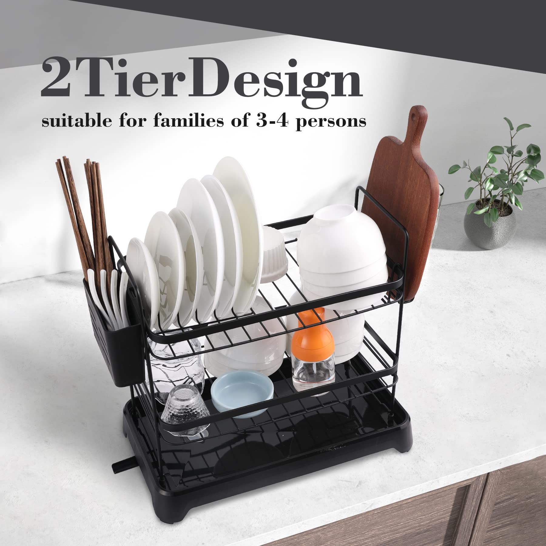 Sikobin Dish Drying Rack Stainless Steel 2 Tier Dish Rack Multifunctional Rustproof Dish Rack with Drainboard Utensil Holder for Kitchen Counter