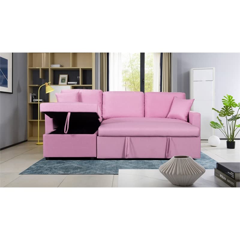Pemberly Row Pink Fabric Reversible Sleeper Sectional Sofa w/Storage Chaise