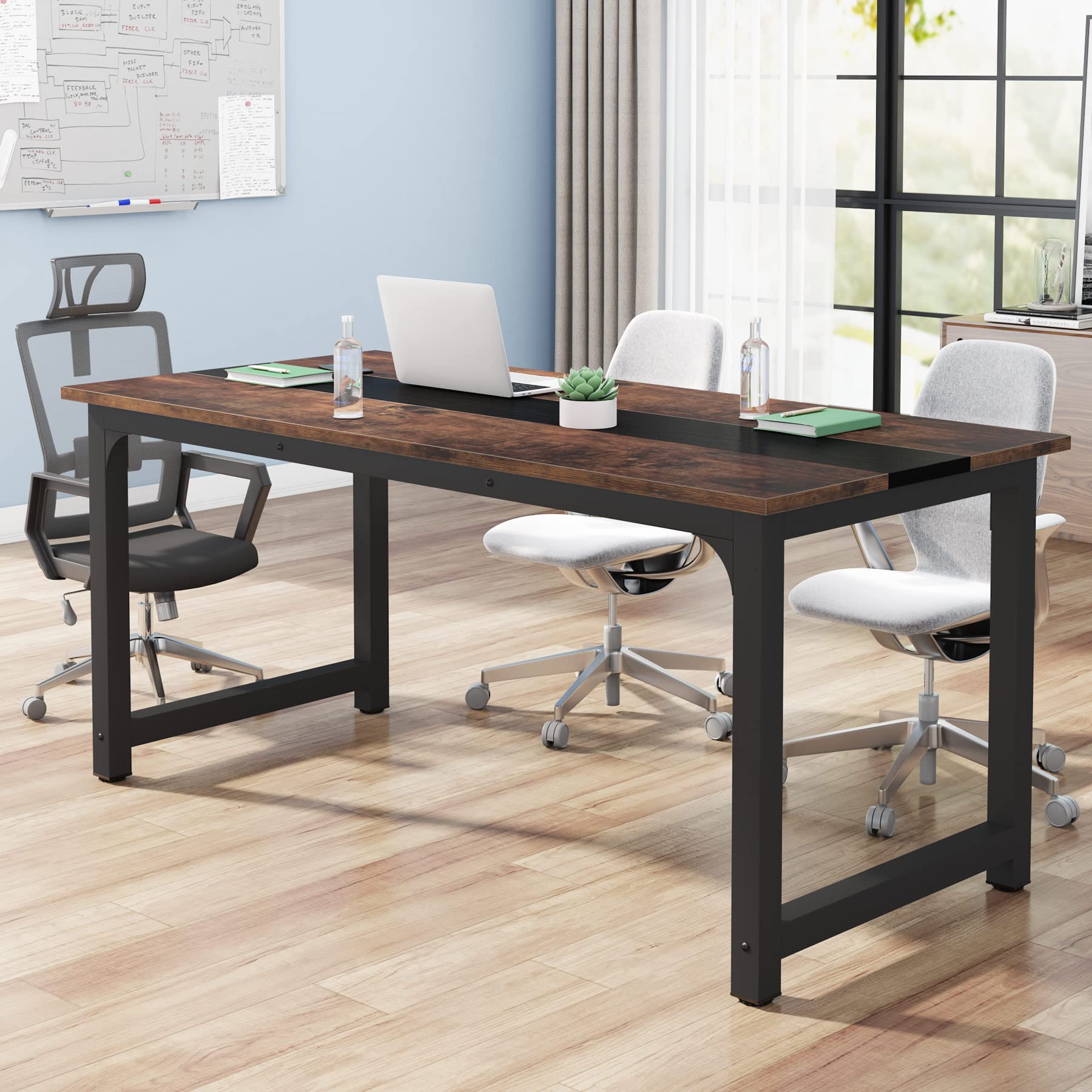 Tribesigns 6FT Conference Table, 70.86" W x 31.49" D Meeting Room Table Boardroom Desk for Office Conference Room, Splicing Board with Metal Frame, Vintage Brown/Black
