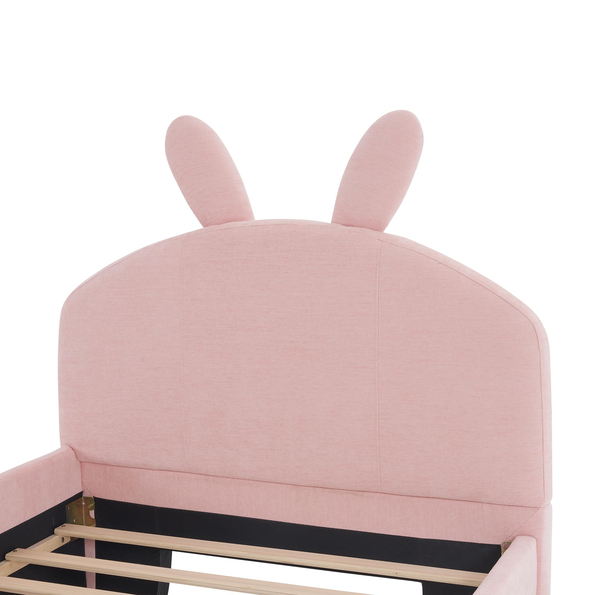 PRNDOLE Twin Size Upholstered Platform Bed Frame with 2 Drawers and Cartoon Ears Shaped Headboard for Kids,Pink