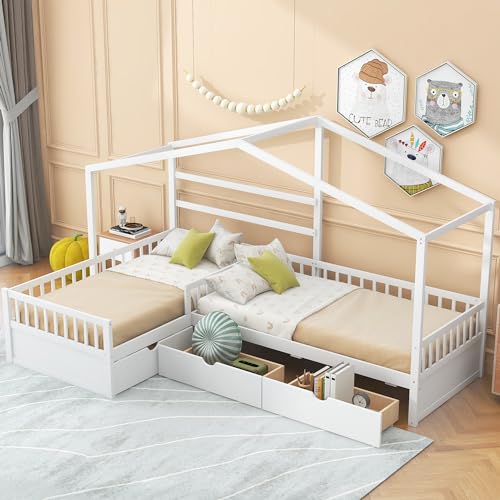 PRNDOLE Twin Size House Platform Bed with 3 Storage Drawers,L Shape Platform Beds for Children,White