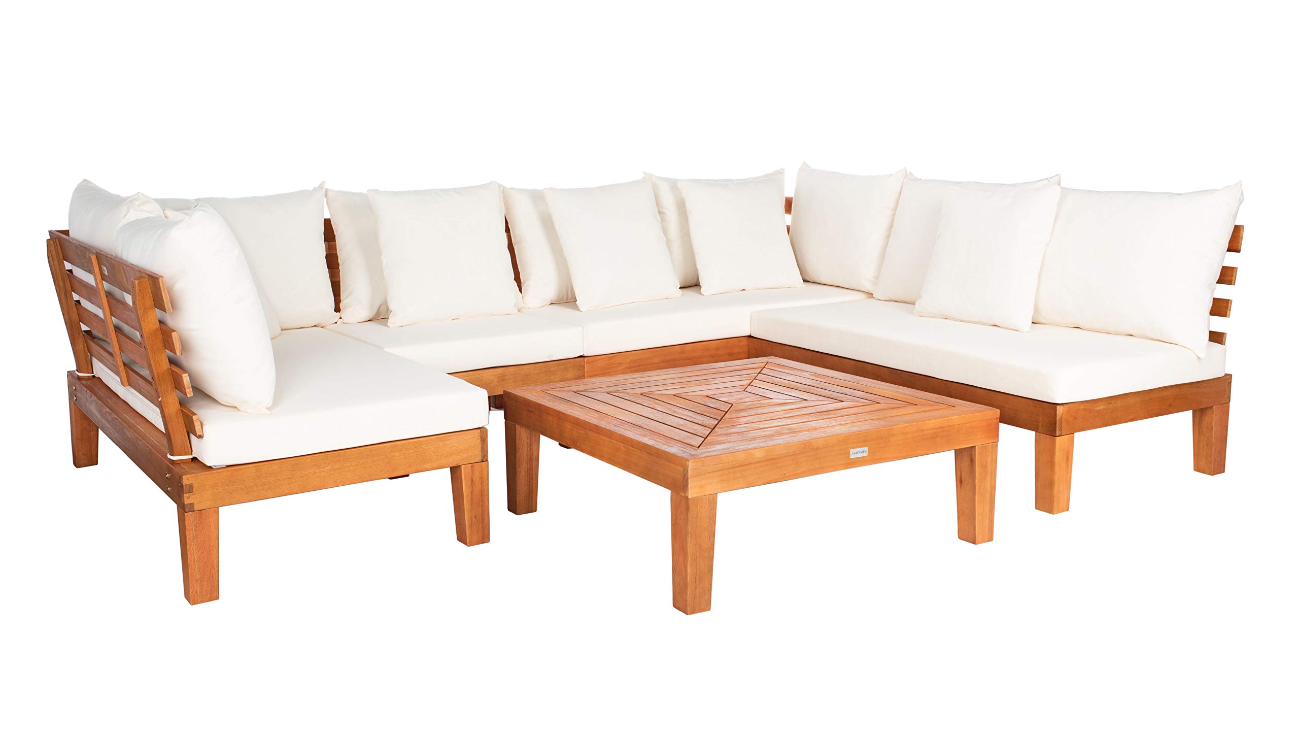 Safavieh PAT7054A-4BX Collection Granton Teak and Beige 5-Piece Outdoor Patio Set