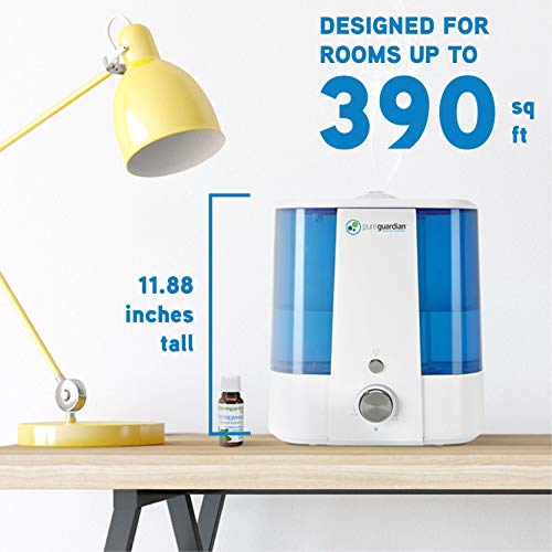 Pure Guardian H1175FL Ultrasonic Cool Mist Humidifier, 90 Hrs. Run Time, 1.5 Gal. Tank Capacity, 390 Sq. Ft. Coverage, Medium Rooms, Quiet, Filter Free, Silver Clean Treated Tank, Essential Oil Tray