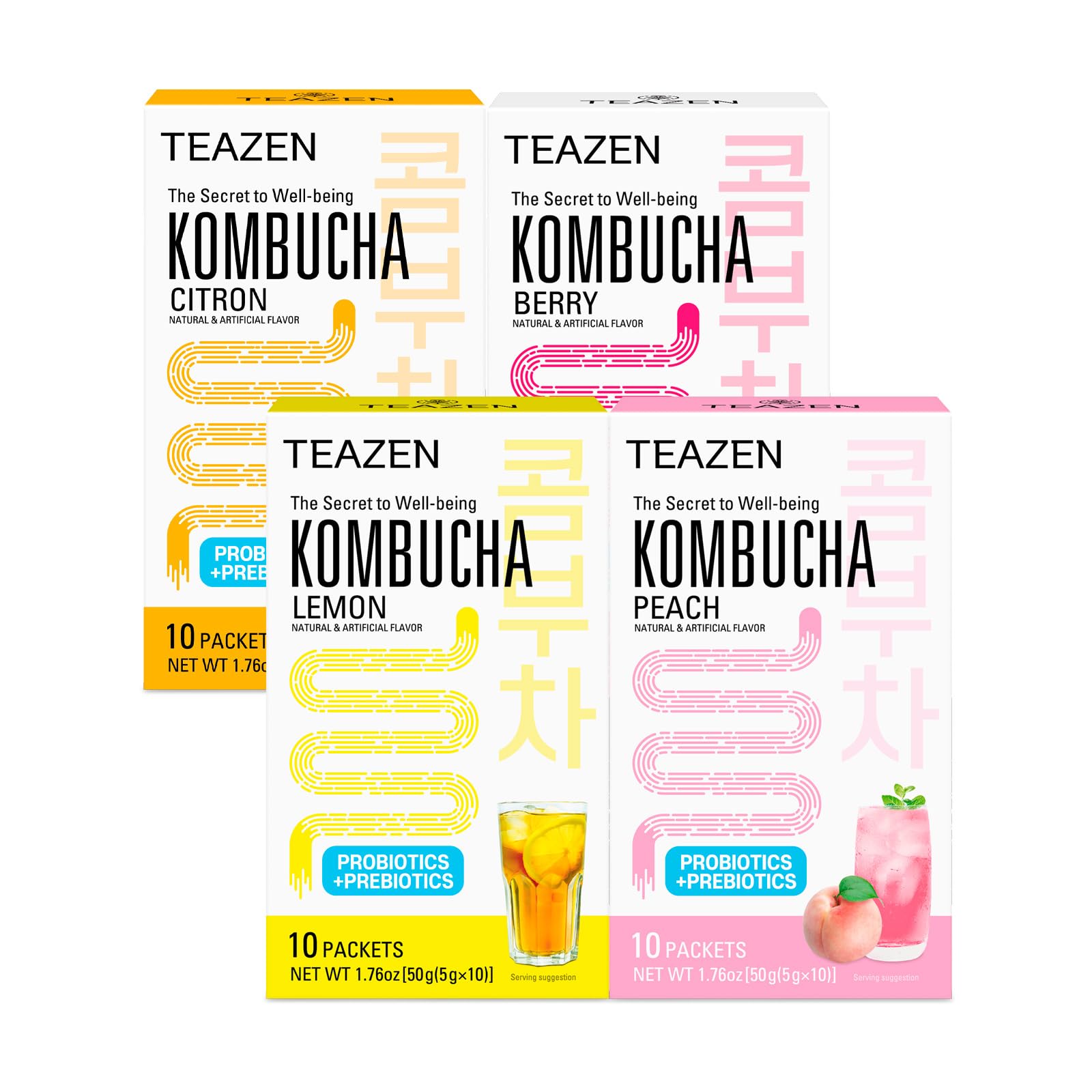 TEAZEN Kombucha 4 Flavors 40 Sticks Variety Pack, Kombucha Lemon, Peach, Berry Citron (40 Sticks)