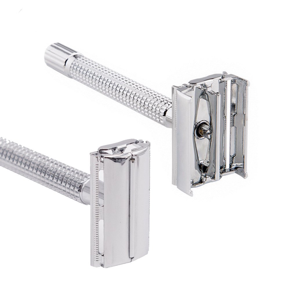 Safety Razor/shaver/shaving tool/Butterfly men's razor Kit, Chrome Long Handle Butterfly Open Double Edge Safety Razor Men's Shaver (1 Razor, 1 H3 Razor Stand and 1pc Genuine Leather Case)