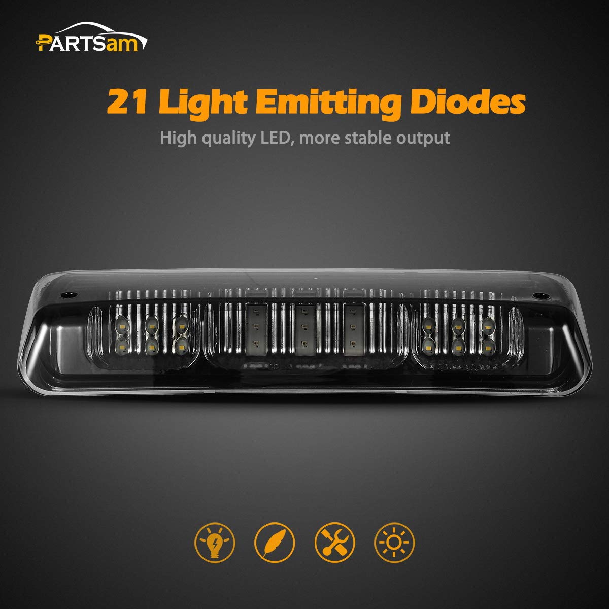 Partsam Replacement for F150 F-150 2004 2005 2006 2007 2008 High Mount Stop Light 3rd Third Brake Light Smoked LED Rear Cab Roof Center Mount Brake Tail Cargo Light Lamp Chrome Housing w/3 Plugs