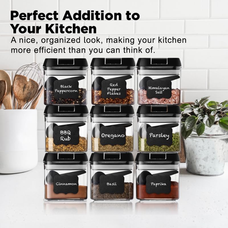 Shazo 9 Pc Airtight Food Storage Containers Set with Lids Plastic Kitchen Cabinet & Pantry Organization Canister Set for Spices, Herbs, Coffee & Tea - BPA Free - 9 Spoons
