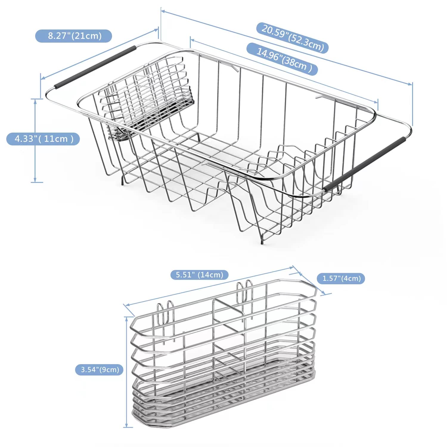 Sink Dish Drying Rack, 304 Stainless Steel Rustproof Expandable Dish Drainer Organizer with Stainless Steel Silverware Holder Over Inside Sink-Adjustable 14.96" to 20.59" (Maximium 11 Upright Dishes )