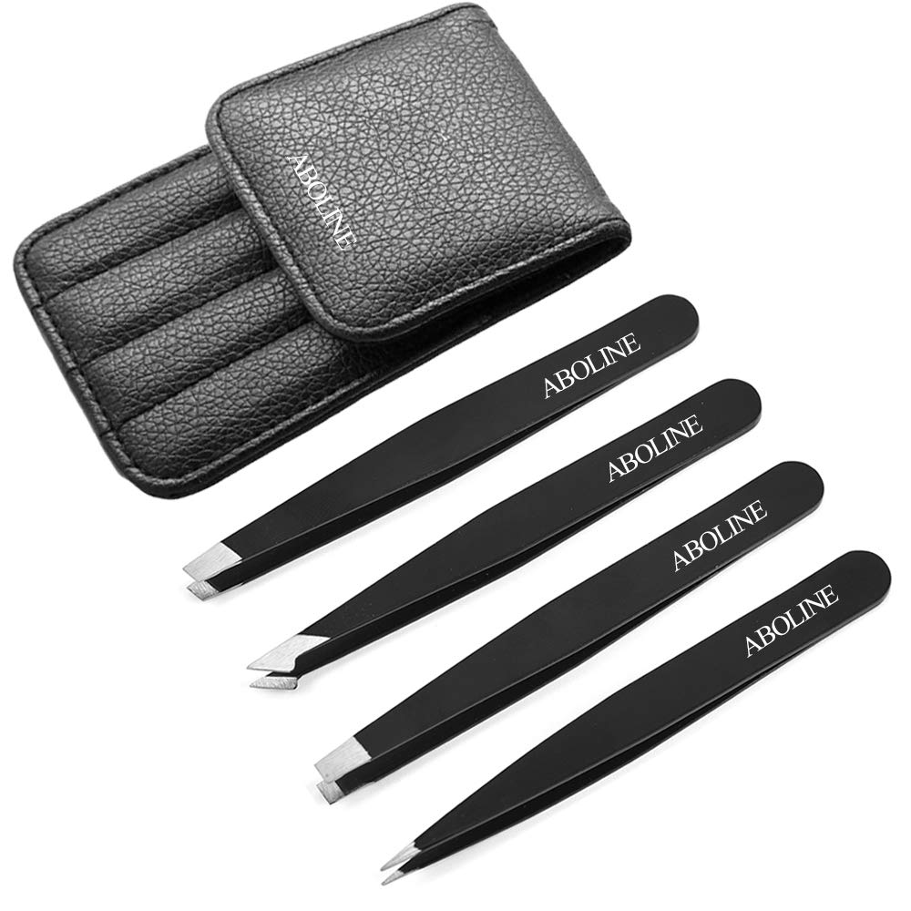 Professional Tweezers Set, ABOLINE 4 Pack Precision Tweezers For Eyebrows,Professional Slant Tip Tweezer Set for Hair Remove with Leather Travel Case(Black)