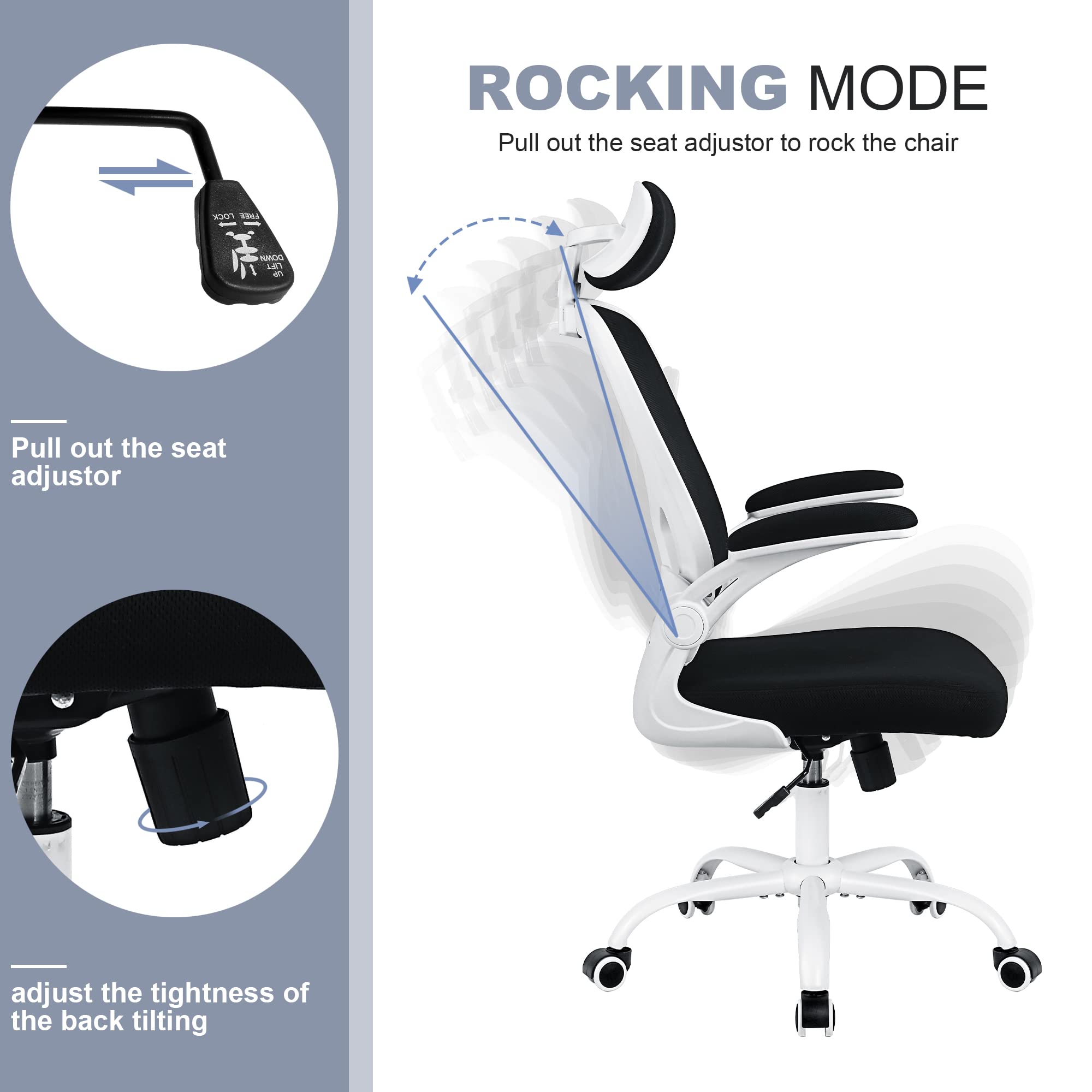 Office Chair Ergonomic Desk Chair Comfort Adjustable Height with Wheels,Lumbar Support Mesh Swivel Computer Home Office Study Task Chair 5003H (5003H-white)