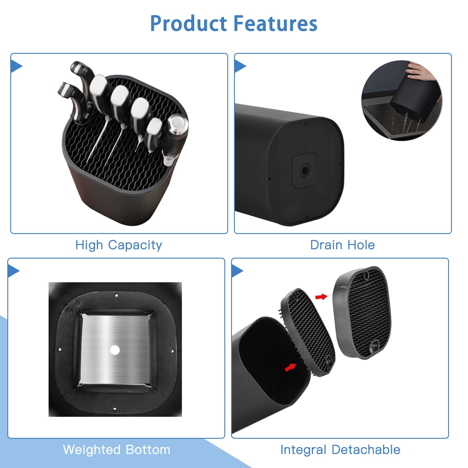 Universal Knife Block, Safe Knife Holder Storage with Slots for Scissors and Sharpening Rod, Detachable for Easy Cleaning, Space Saver Knife Organizer, Unique Slot Design to Protect Blade (Black)