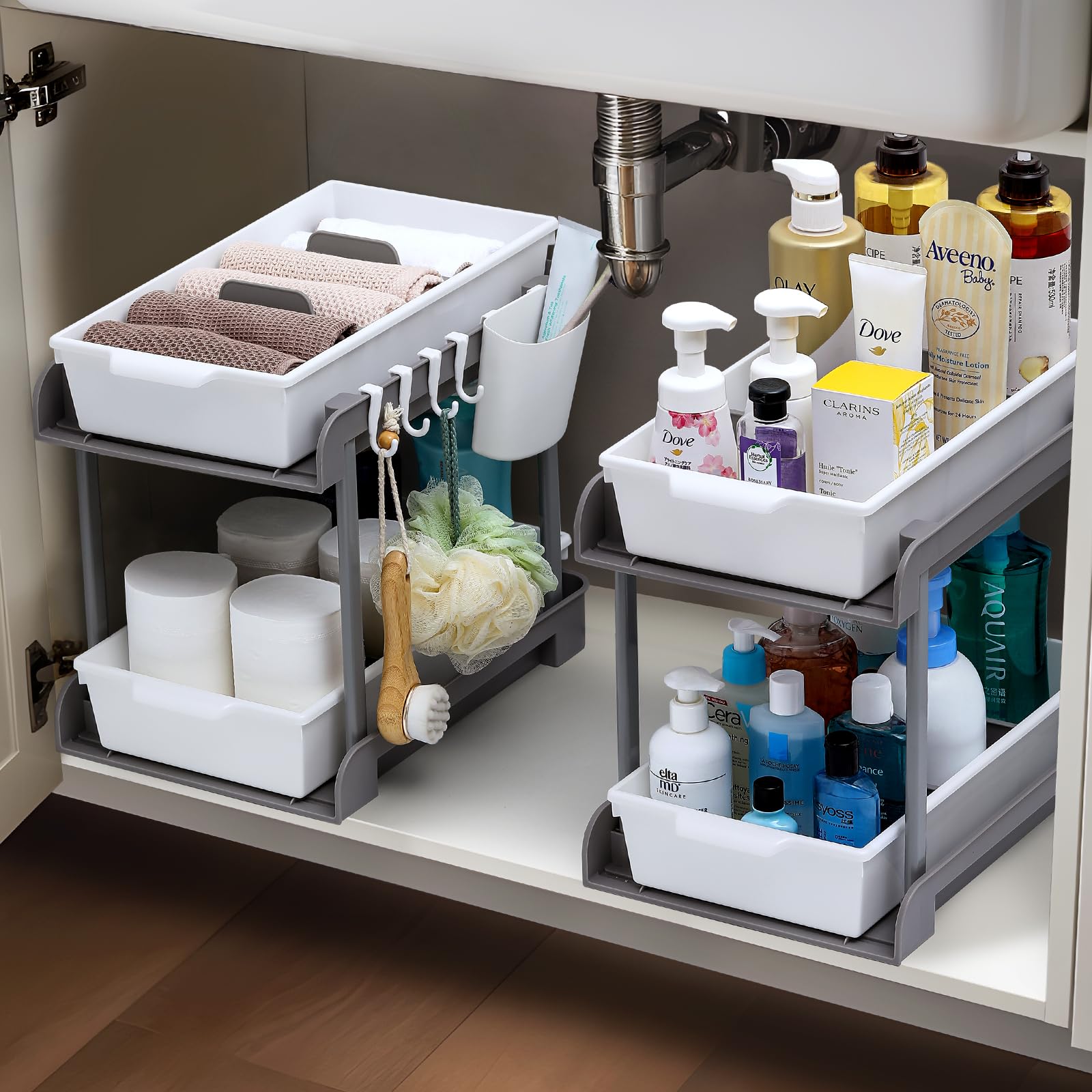 Set of 4, 10 Inch Non-Skid Lazy Susan Organizers & 2 Set, 2 Tier Pull-Out Under Sink Organizer and Storage with Dividers