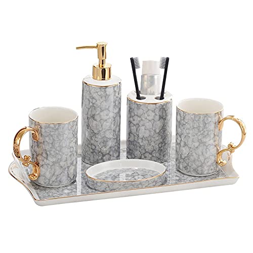 Soap Dispenser for Bathroom 6-Piece Set Ceramic Kitchen Soap Dispenser with Tray, for Home Hotel Bathroom, Kitchen Hotel Bathroom Accessories Bottles Dispenser